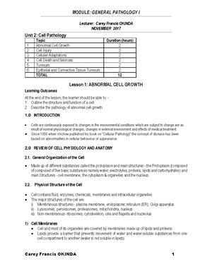 UNIT 1 Introduction TO Pathology 2017 - GENERAL PATHOLOGY Lecturer ...