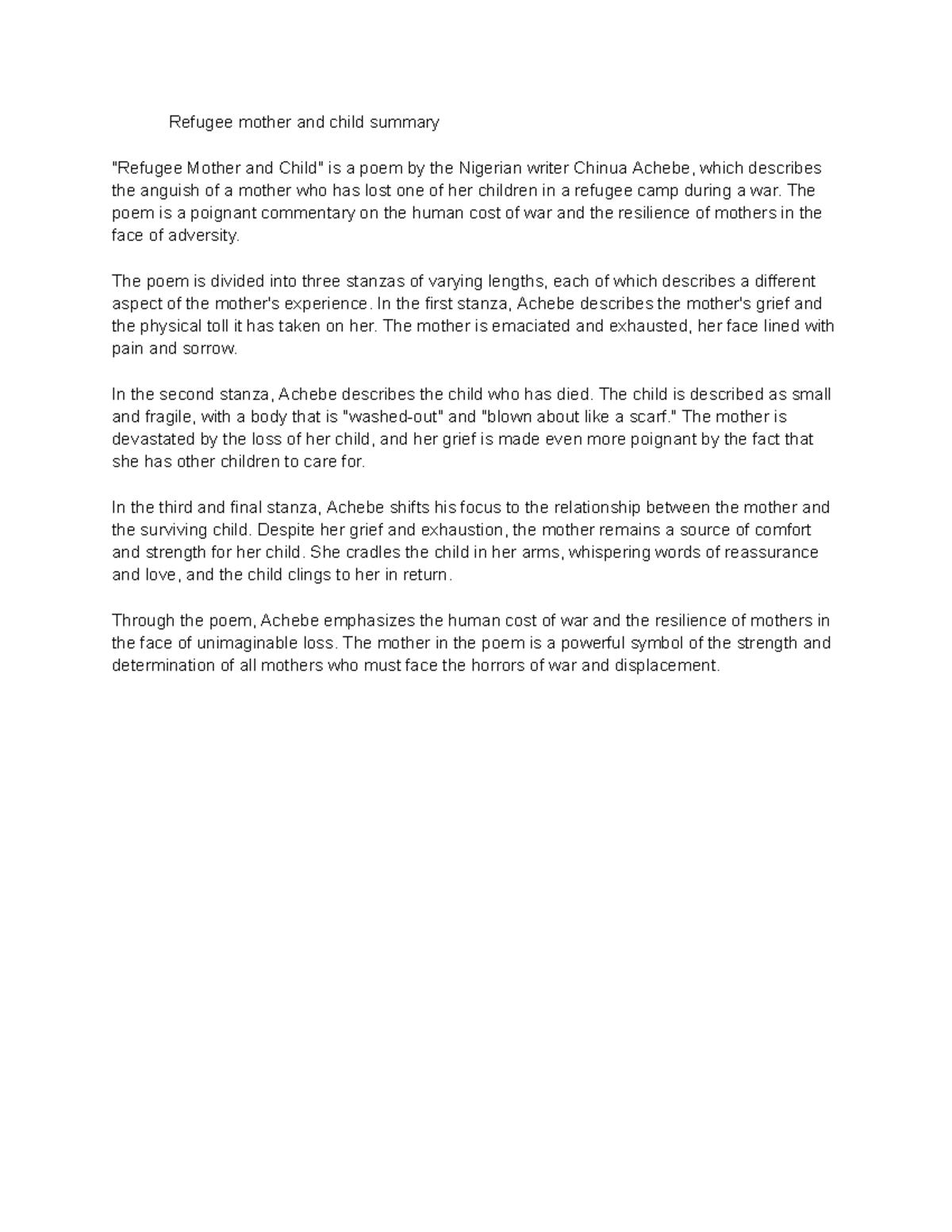 Refugee mother and child summary - Refugee mother and child summary ...