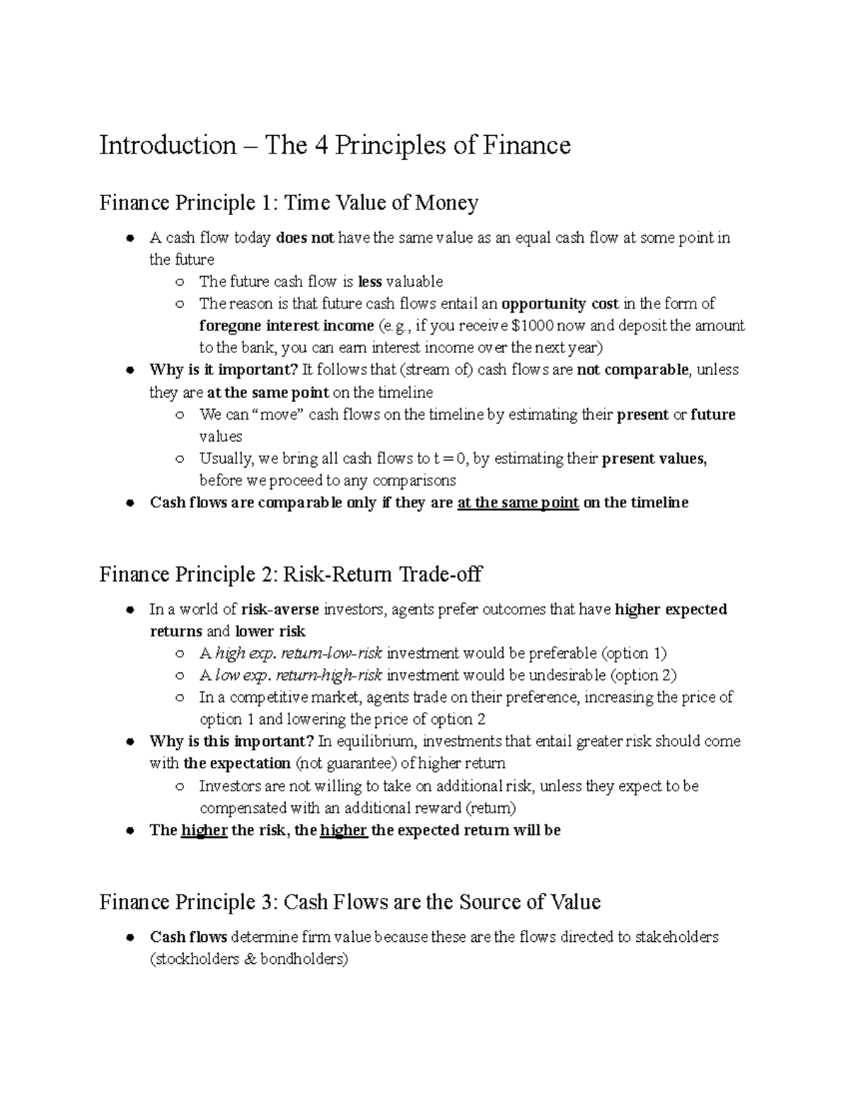 FIN 3716 Notes - Introduction – The 4 Principles of Finance Finance ...