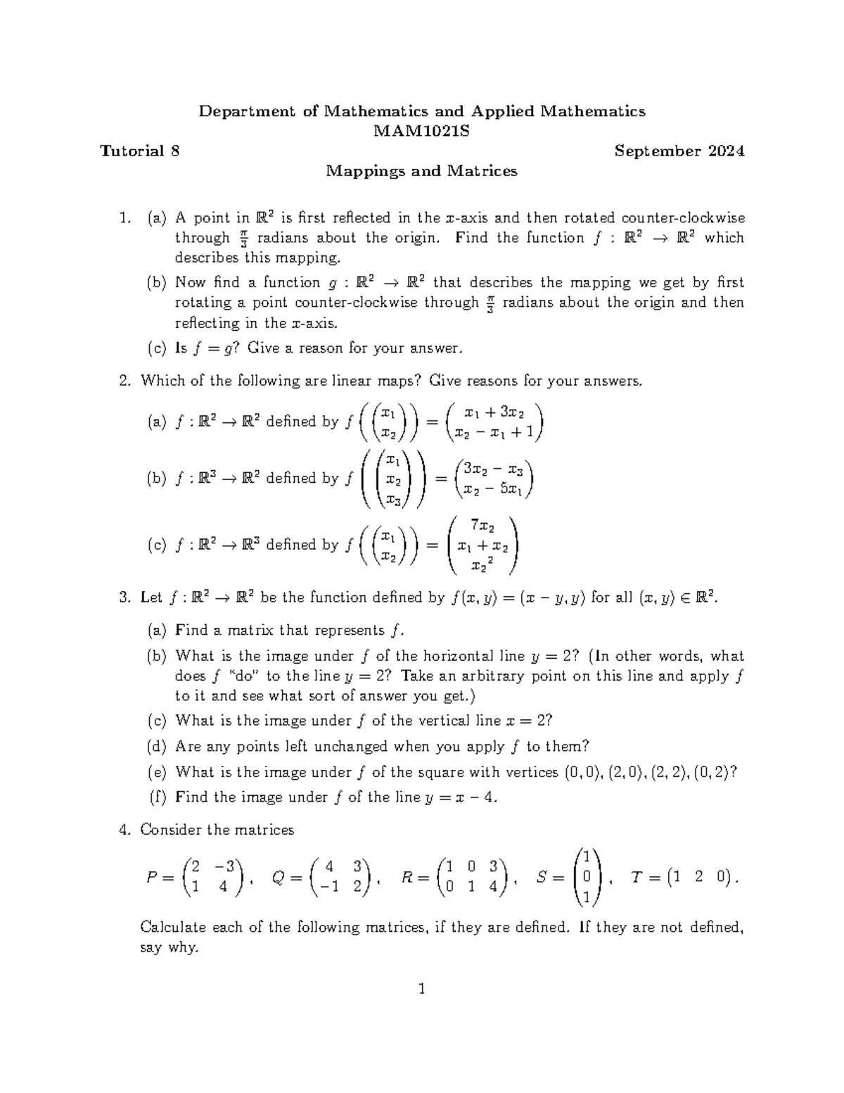 Tutorial 8 - Mapping And Matrices - Department of Mathematics and ...