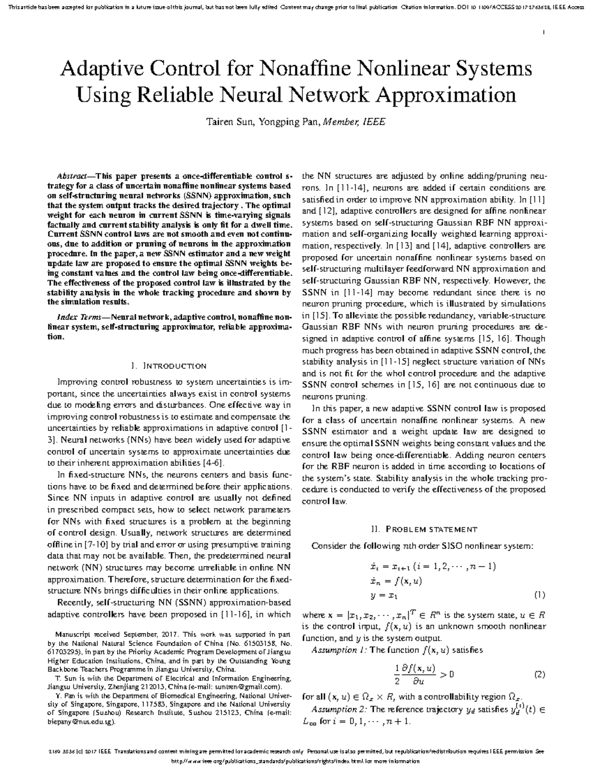 Sun Pan 2017 Adaptive Control For Nonaffine Nonlinear Systems Using Reliable Neural Network