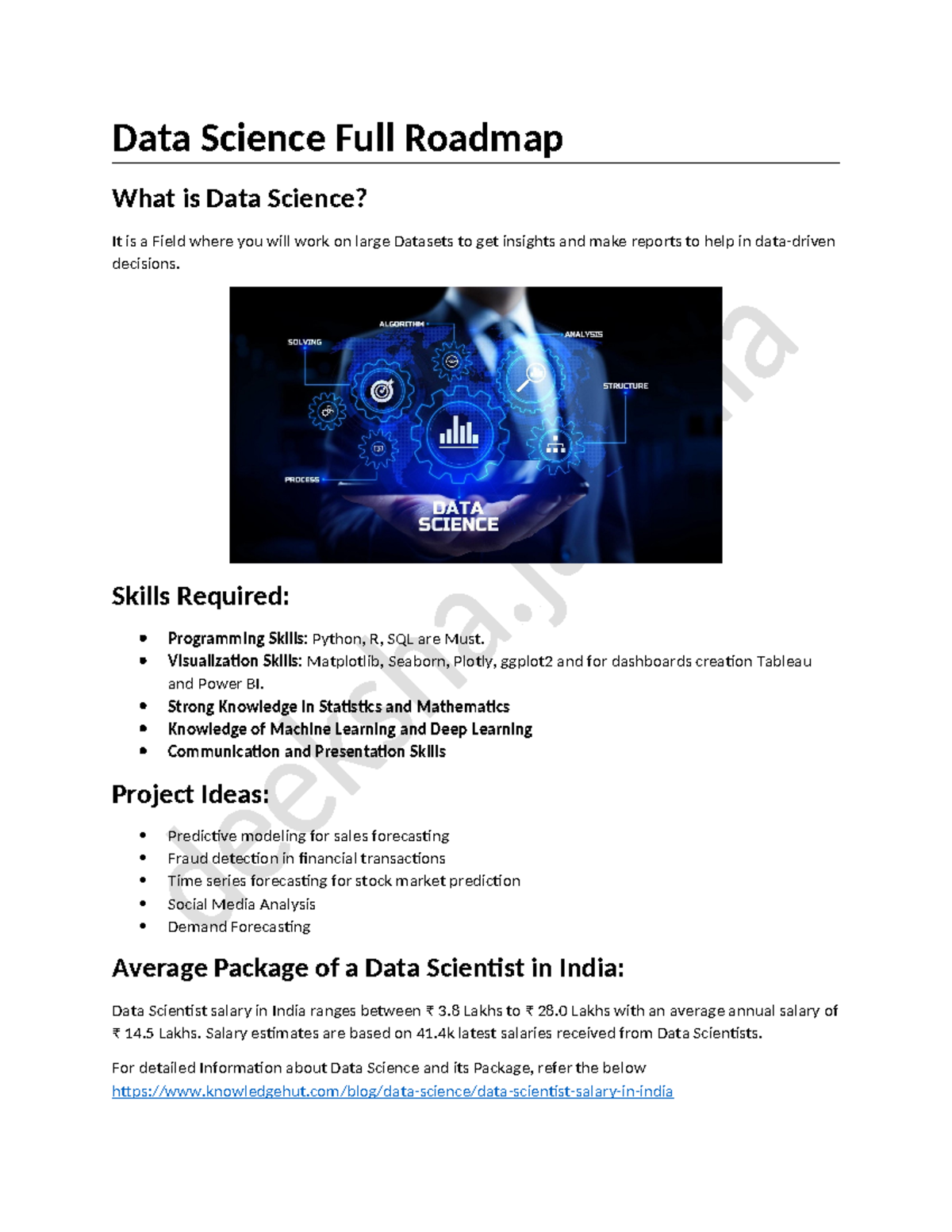 Data Science Full Roadmap - Skills Required: Programming Skills: Python ...