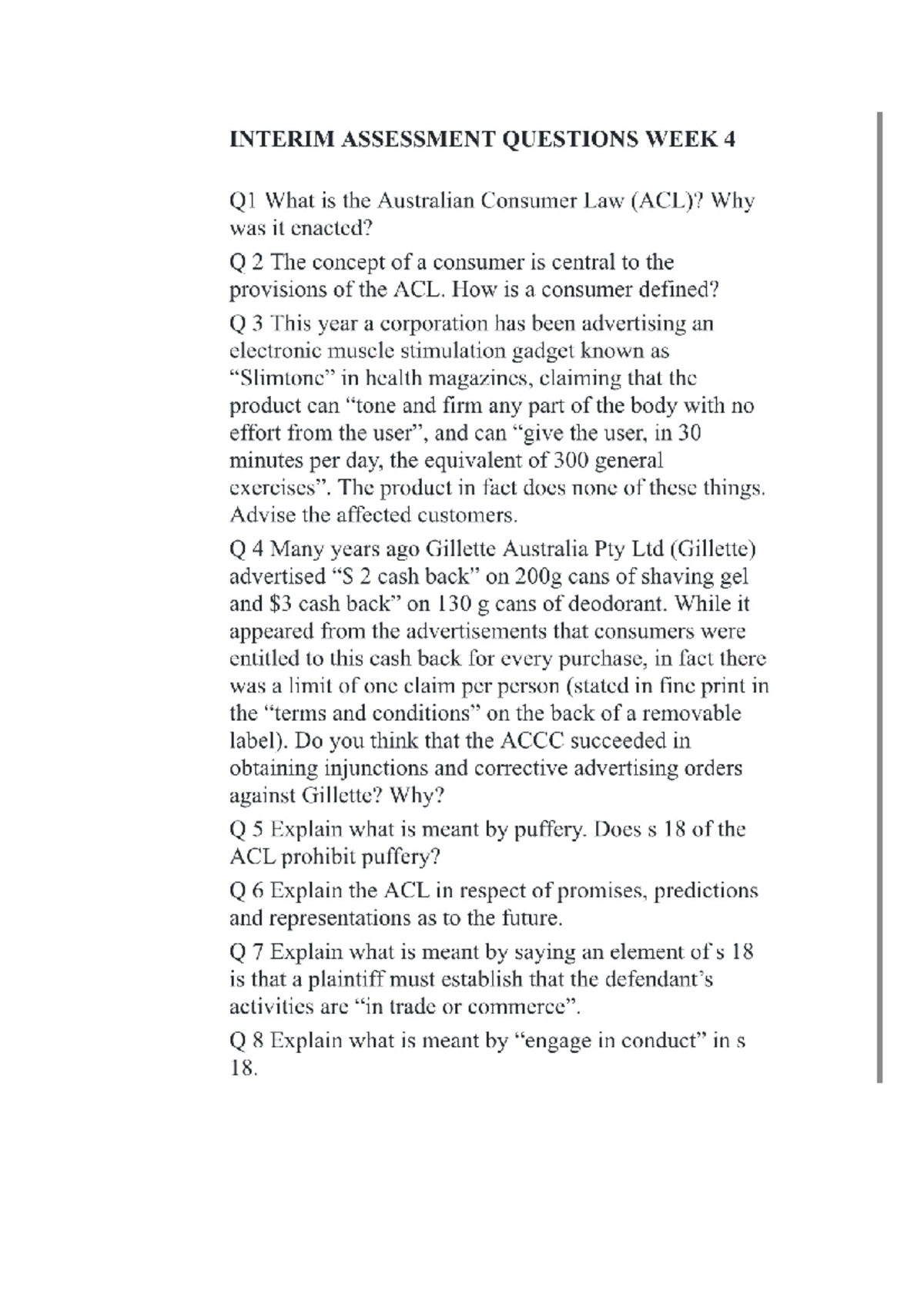 Consumer law questions - LAW 101 - UOW - Studocu