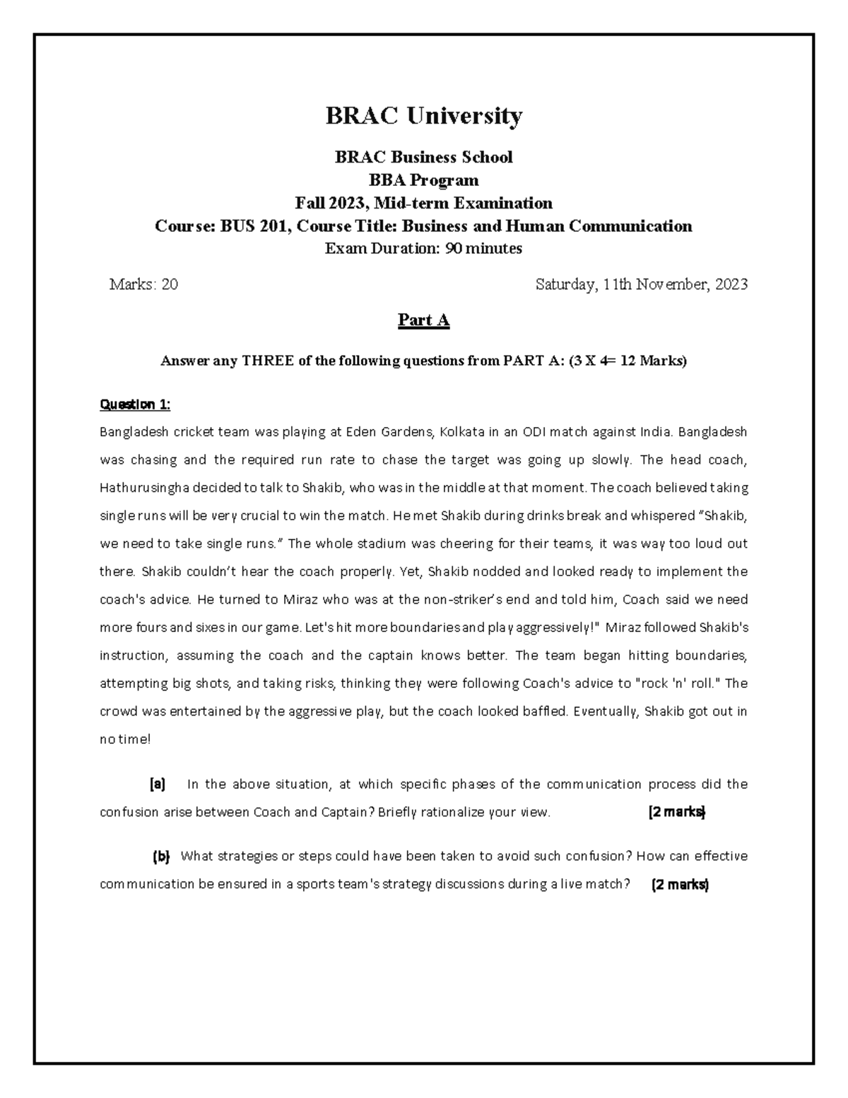 BUS 201 MID - BRAC University BRAC Business School BBA Program Fall 2023, Mid-term Examination ...