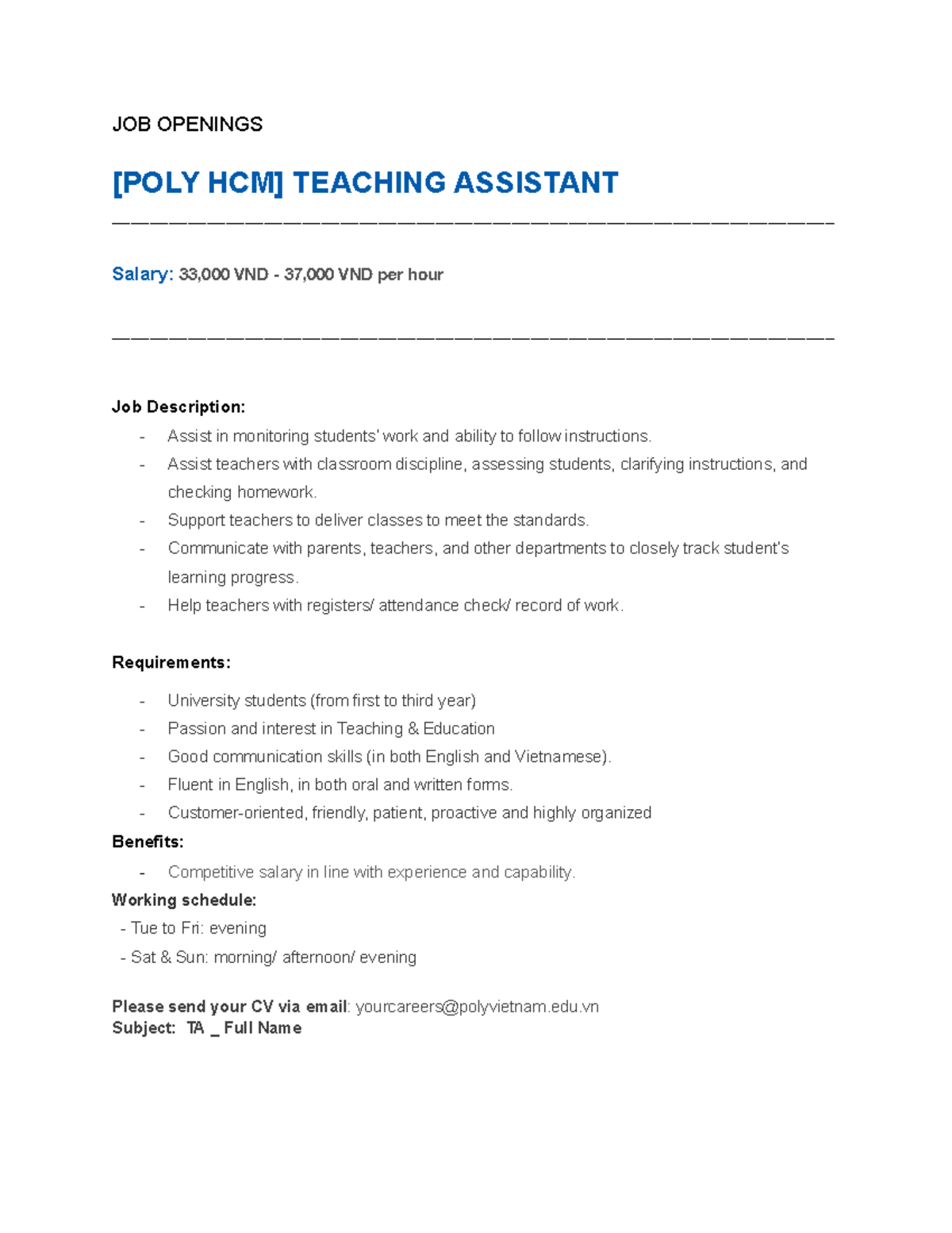 JD-Teaching-Assistant - JOB OPENINGS [POLY HCM] TEACHING ASSISTANT ...
