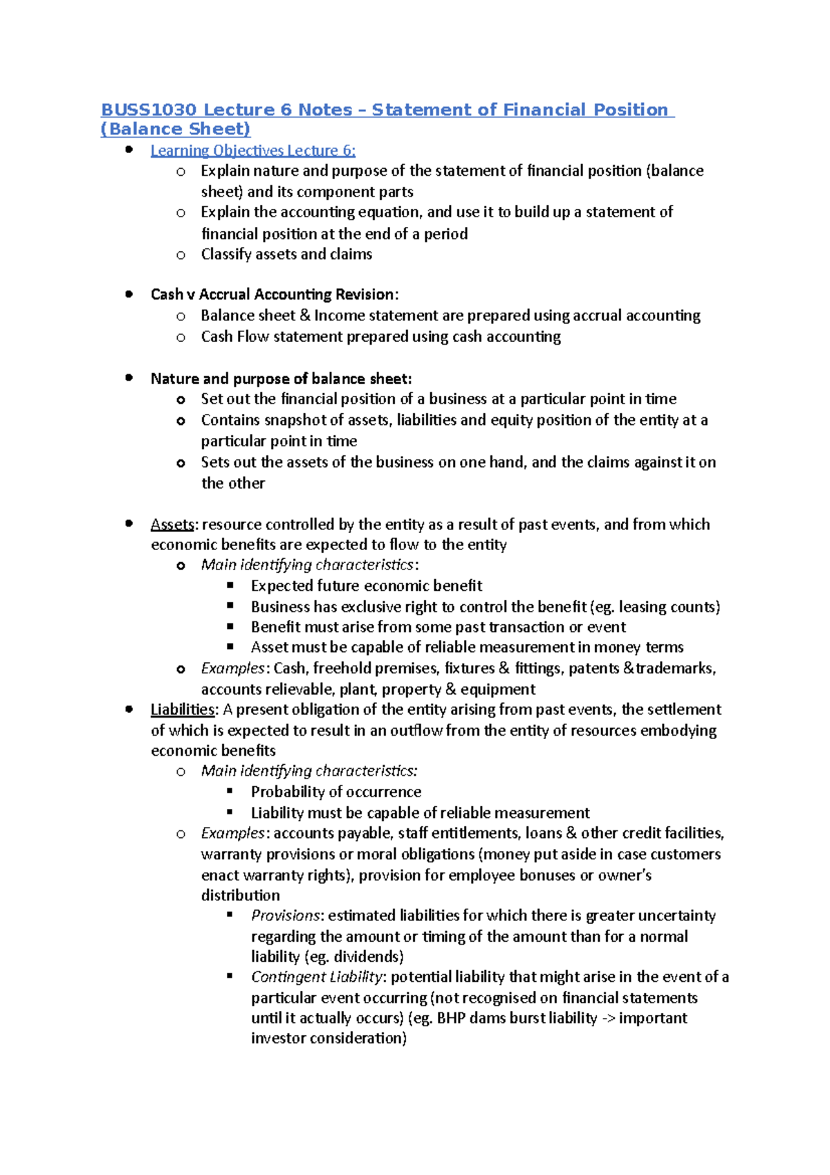 BUSS1030 Lecture 6 Notes - BUSS1030 Lecture 6 Notes – Statement of ...