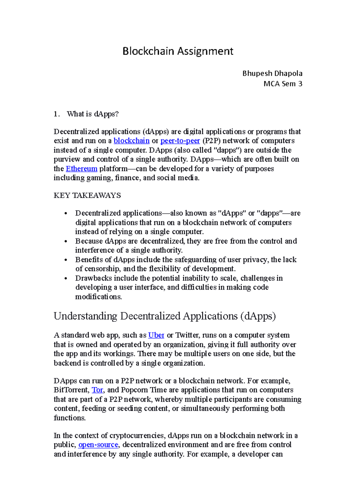 Blockchain Assignment Blockchain Assignment Bhupesh Dhapola Mca Sem 3 What Is Dapps