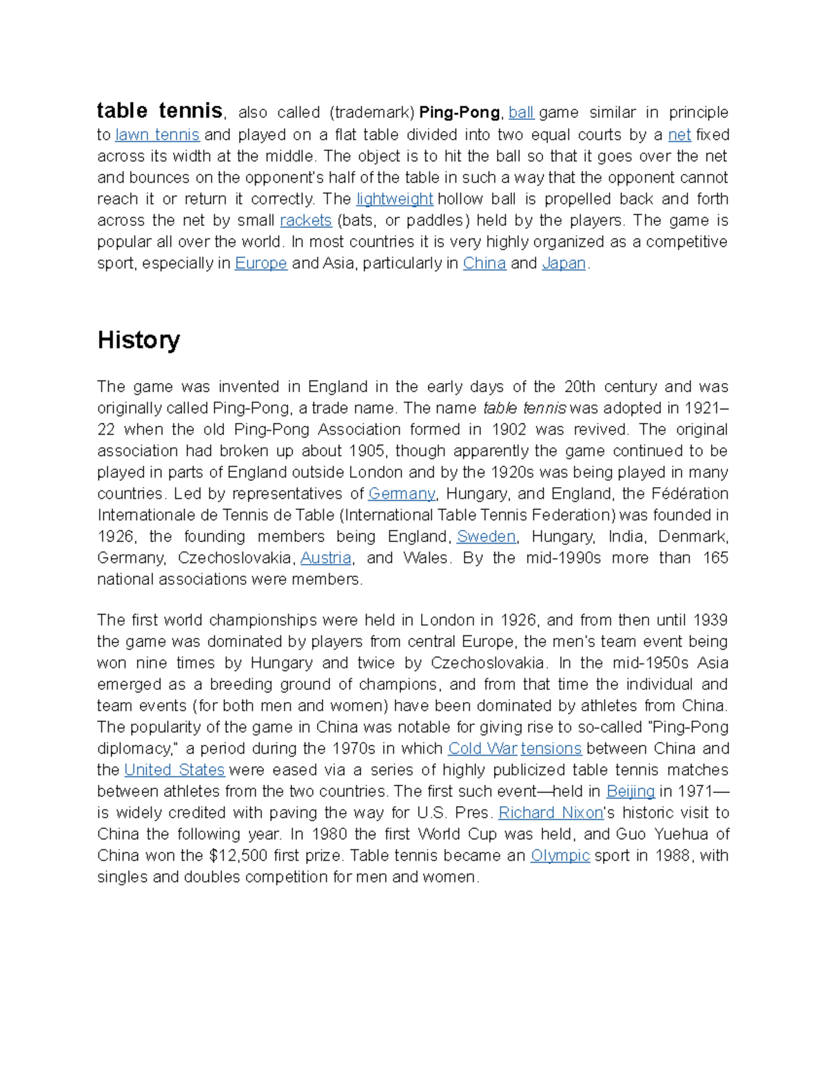 Pingpong - table tennis, also called (trademark) Ping-Pong, ball game ...