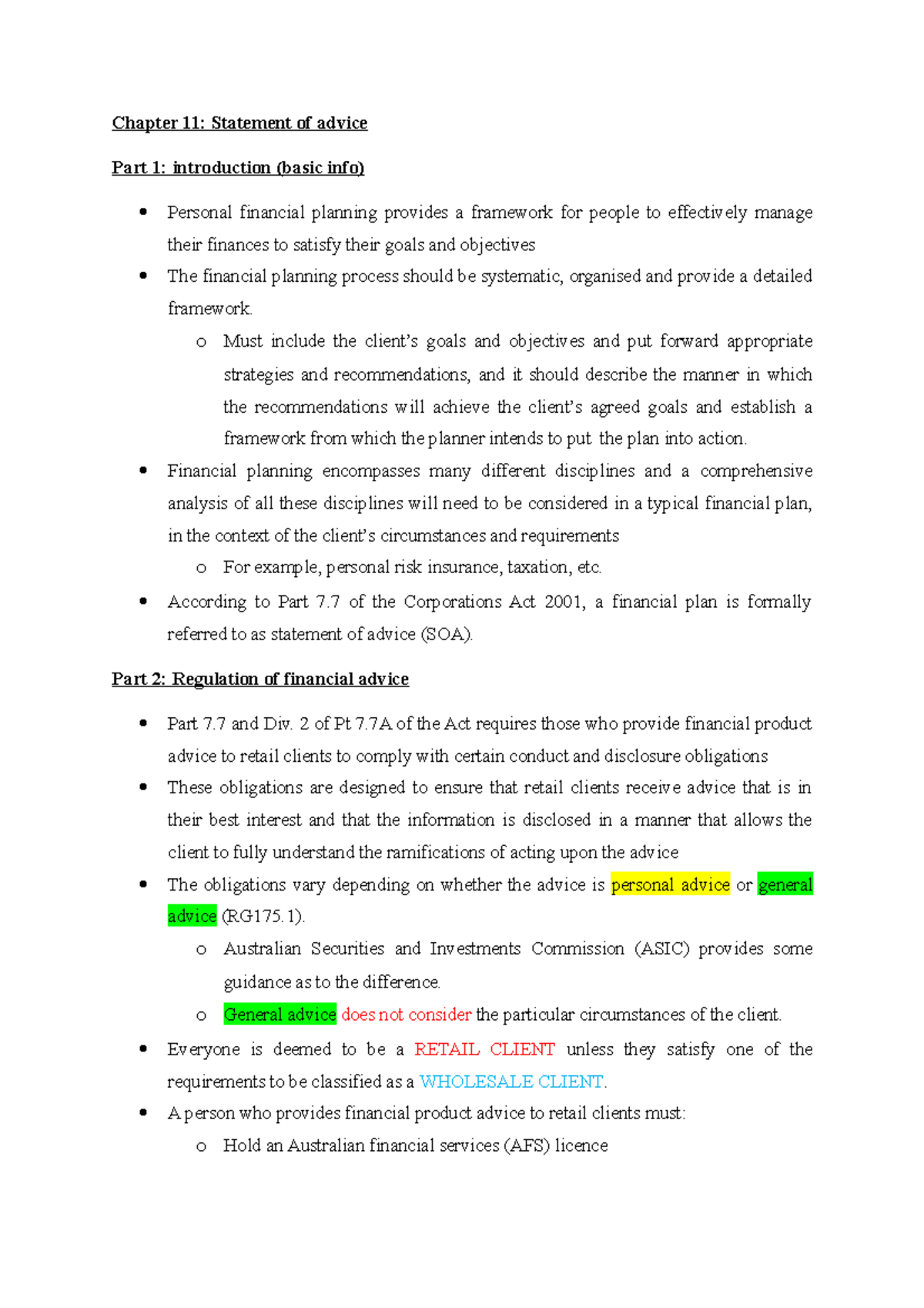 Chapter 11 - Statement of advice - Chapter 11: Statement of advice Part ...