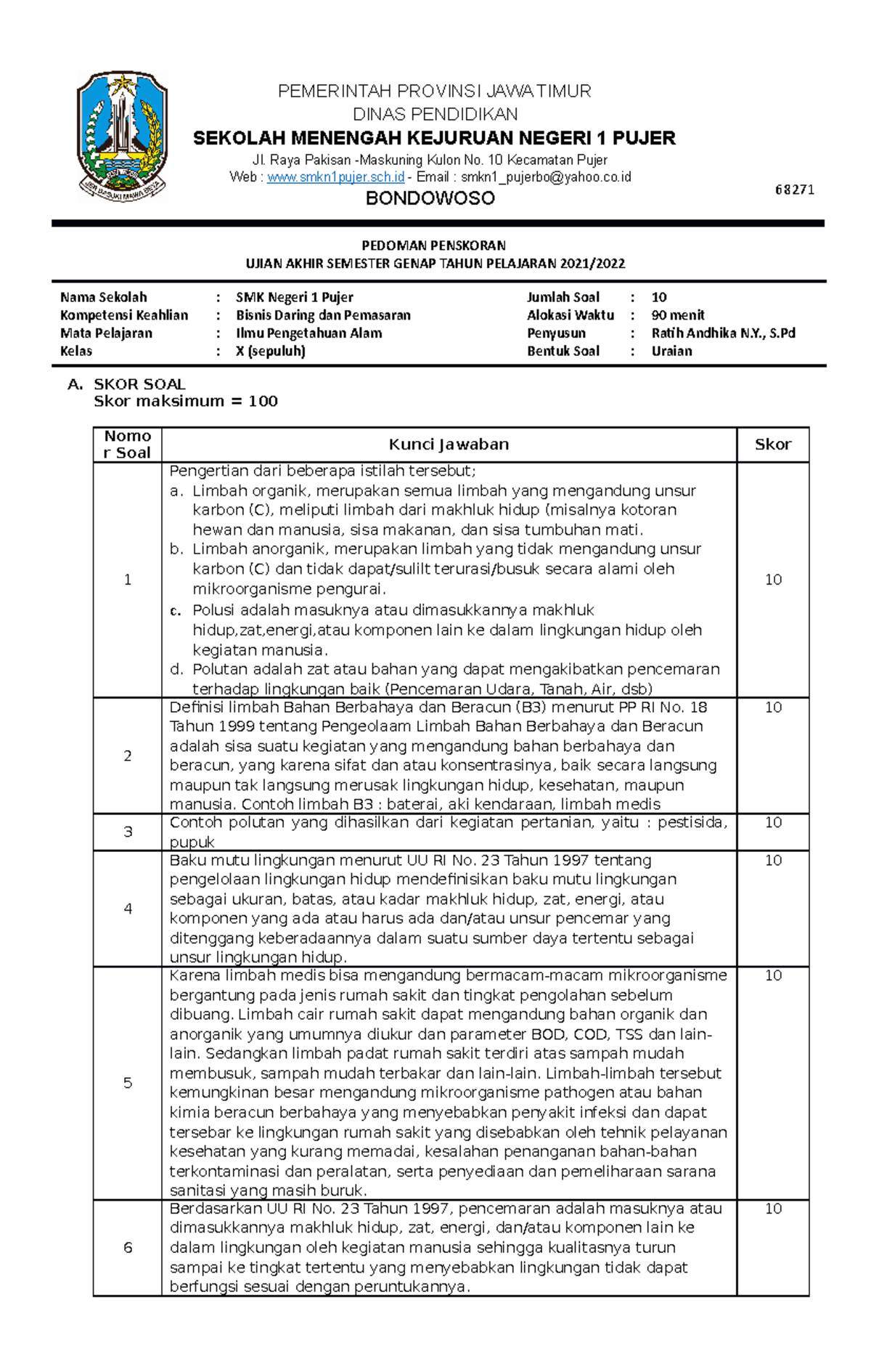 Pedoman Penskoran UAS Genap 2021-2022 IPA X BDP - PEMERINTAH PROVINSI JAWA TIMUR DINAS ...