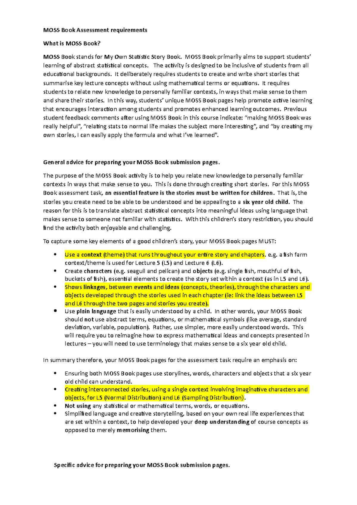 MOSS Book Assessement requirements sem1, 2018 - MOSS Book Assessment ...