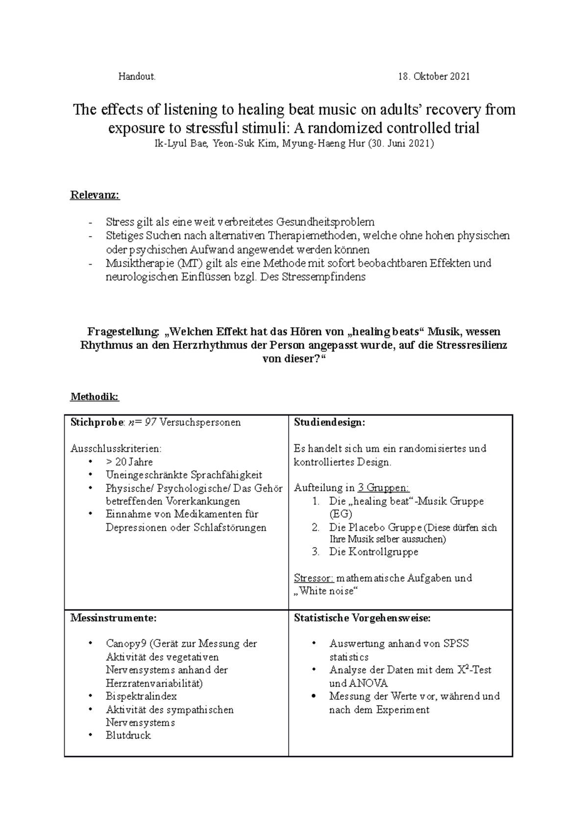 Handout Musiktherapie - Handout. 18. Oktober 2021 The effects of ...