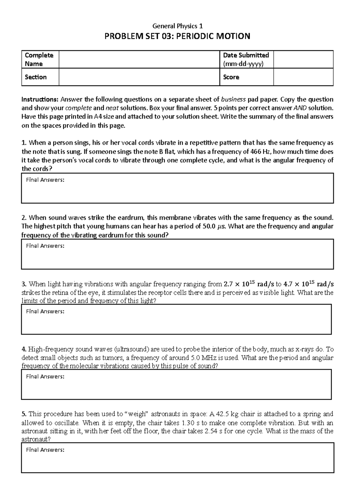 Q2 03 Problem Set Periodic Motion - General Physics 1 PROBLEM SET 03 : PERIODIC MOTION Complete ...