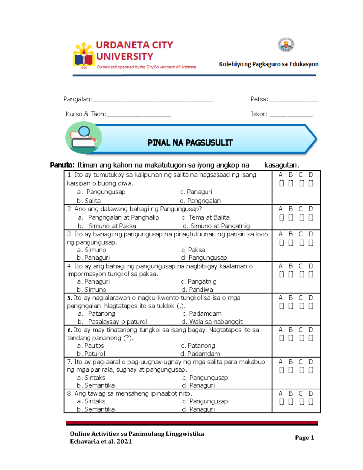 Pinal-NA- Pagsusulit - Pangalan ...