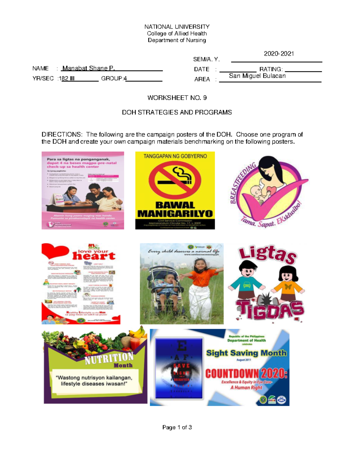 Worksheet 9-DOH Strategies and Programs - NATIONAL UNIVERSITY College ...