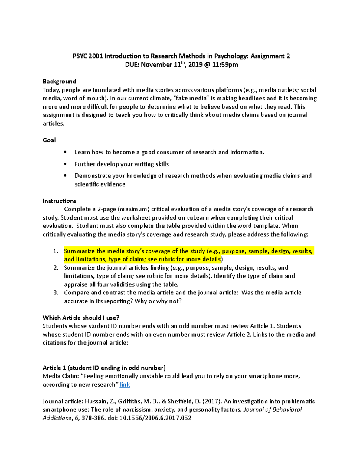 Assignment 2 Instructions - PSYC 2001 Introducion to Research Methods ...