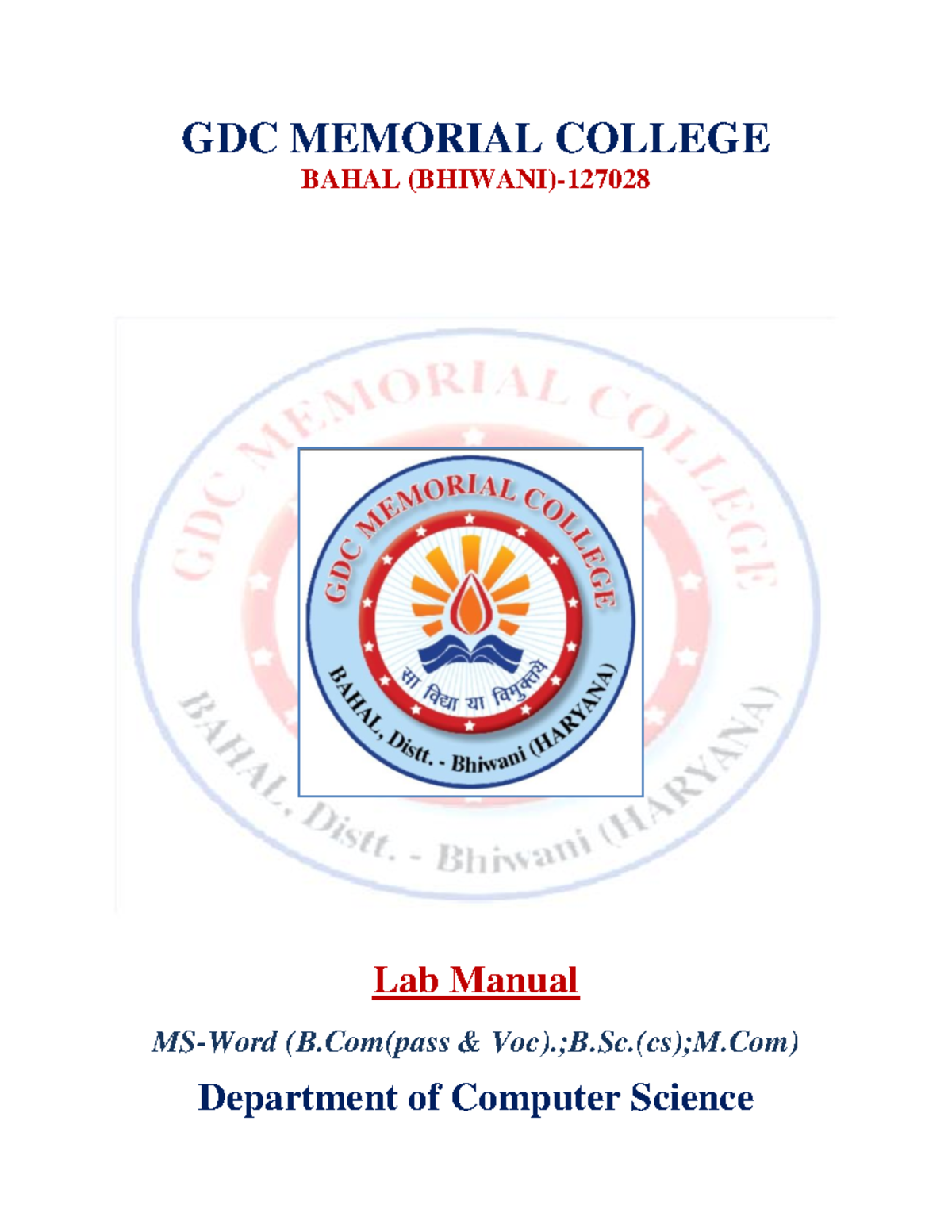 MS WORD lab manual - GDC MEMORIAL COLLEGE BAHAL (BHIWANI)- Lab Manual MS-Word (B(pass & - Studocu