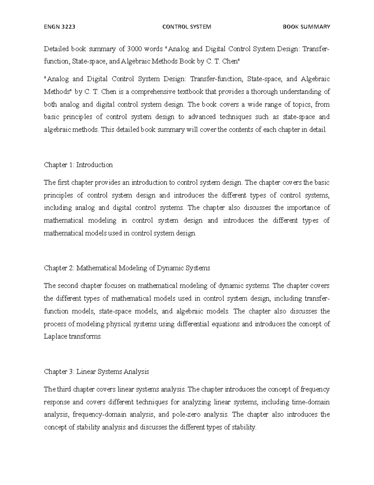 Detailed Book Summary Of Analog And Digital Control System Design Transfer Function State Space