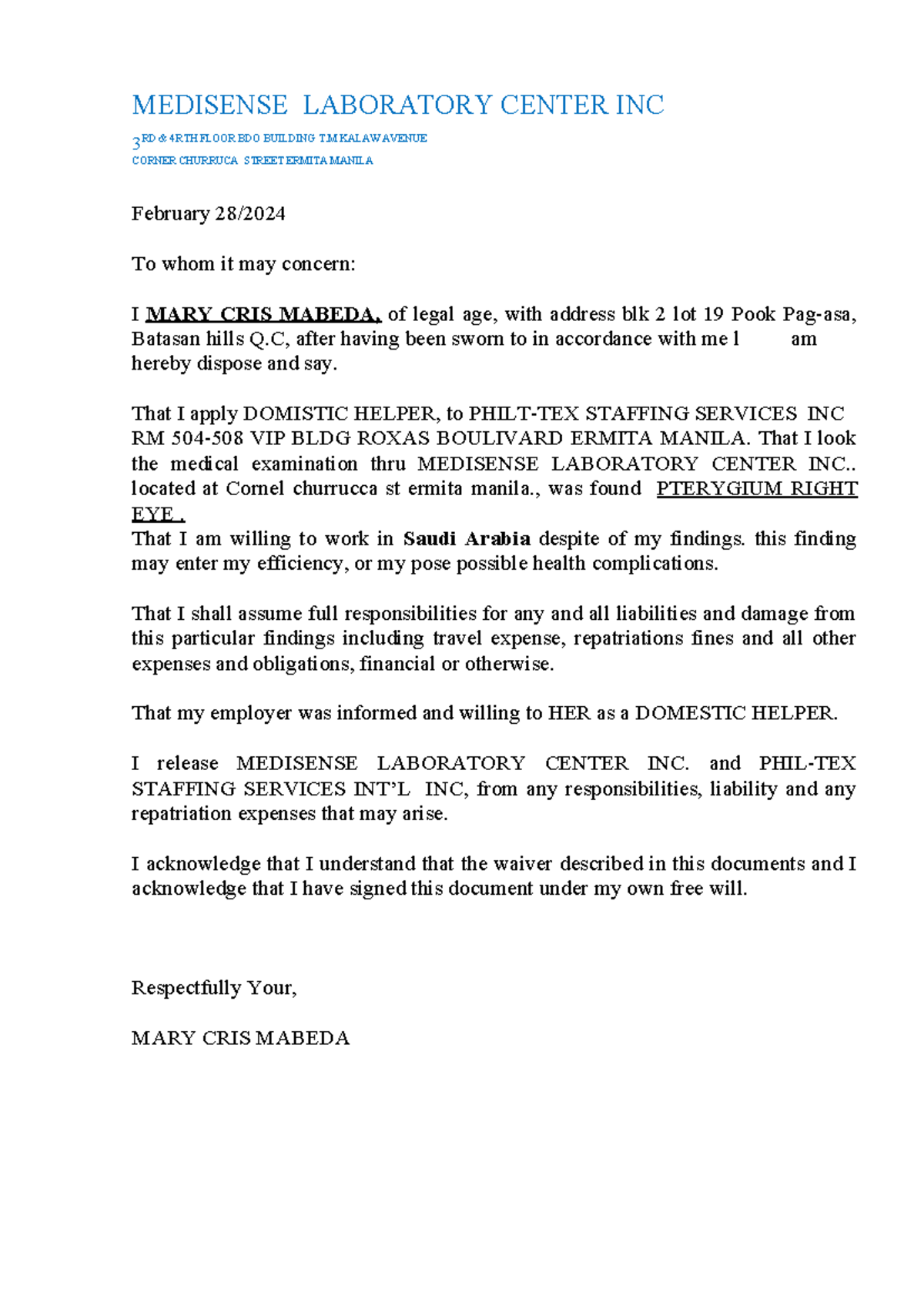 Applicant Waiver ST Martin - MEDISENSE LABORATORY CENTER INC 3 RD ...