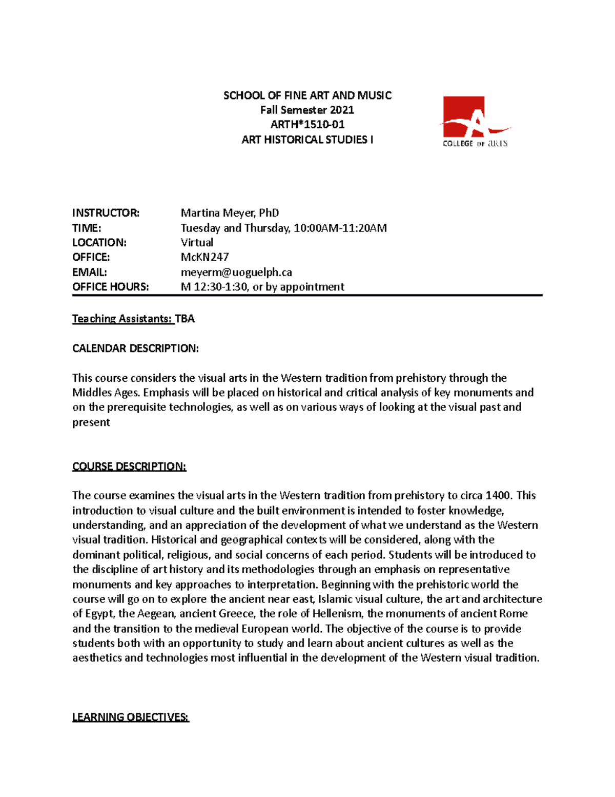 ARTH1510F21 Syllabus - Art History Fall Course Outline - SCHOOL OF FINE ...