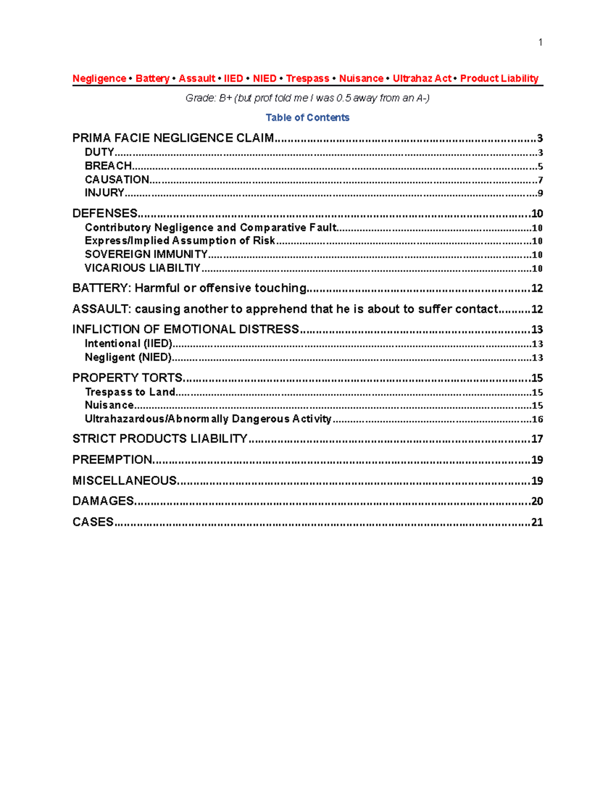 Torts Law Outline - 1 - Negligence • Battery • Assault • IIED • NIED ...