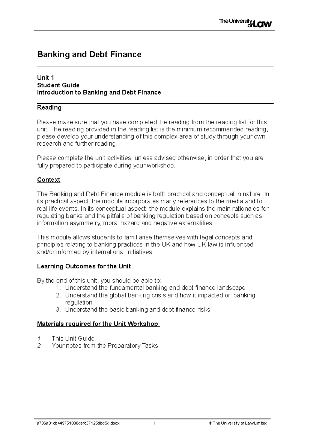 2223 LLM bdf u1 workshop preparation v1 - Banking and Debt Finance Unit 1 Student Guide ...