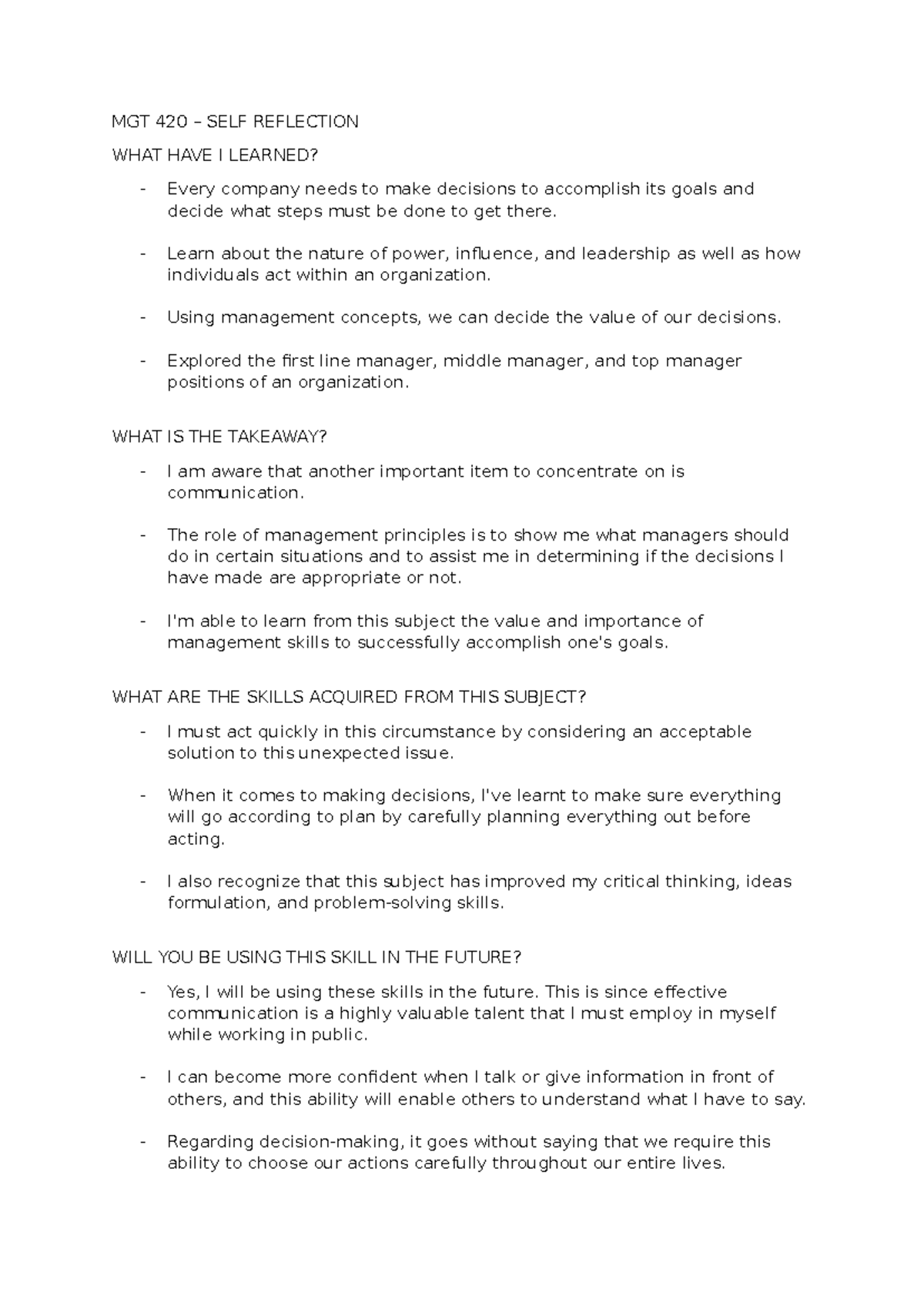 MGT 420 SELF Reflection - MGT 420 – SELF REFLECTION WHAT HAVE I LEARNED ...