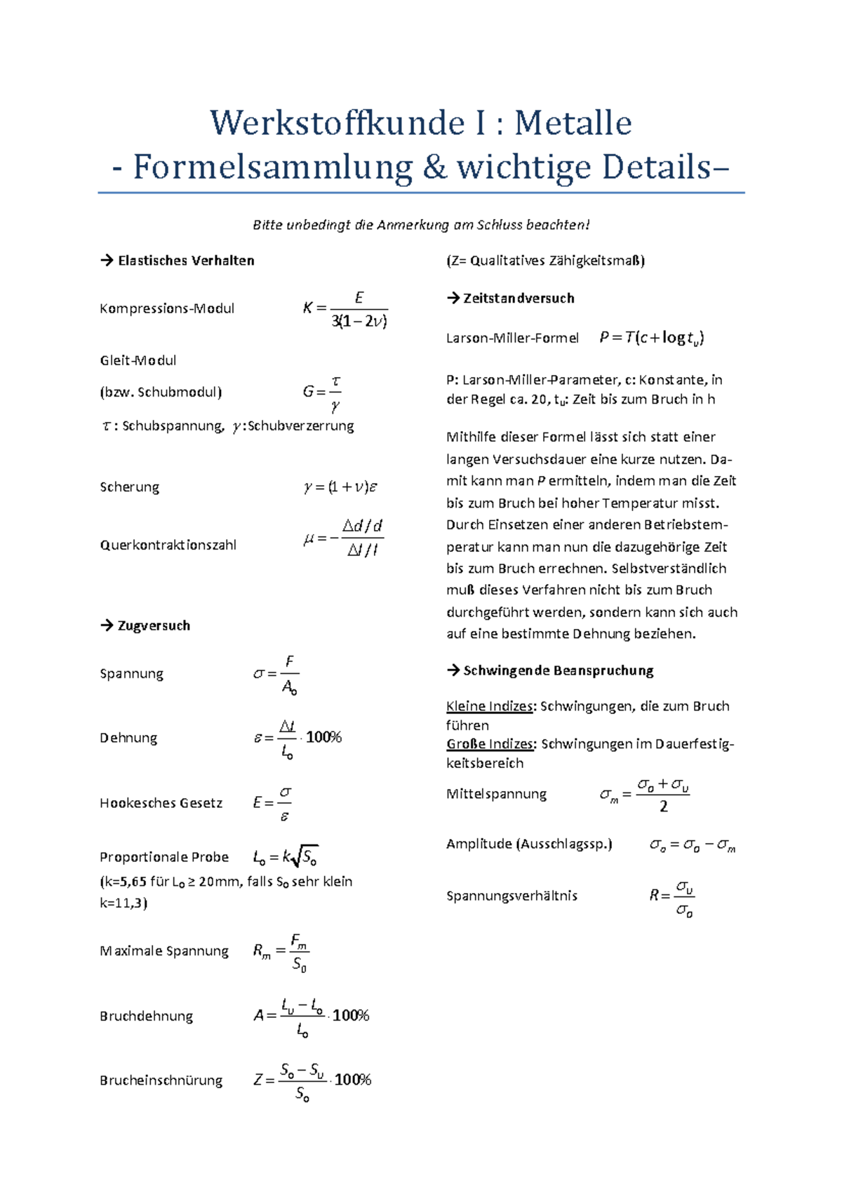Werkstoffkunde FS Metalle - Werkstoffkunde I : Metalle Formelsammlung wichtige Bitte unbedingt ...