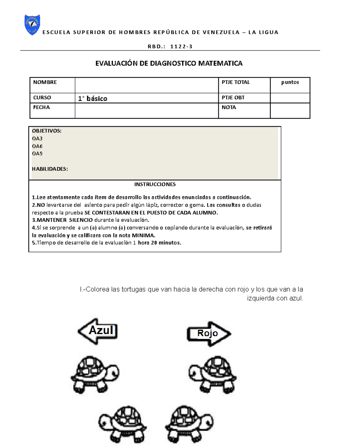 Prueba Diagnostico Matematica 1ERO Basico - R B D. : 1 1 2 2 - 3 ...
