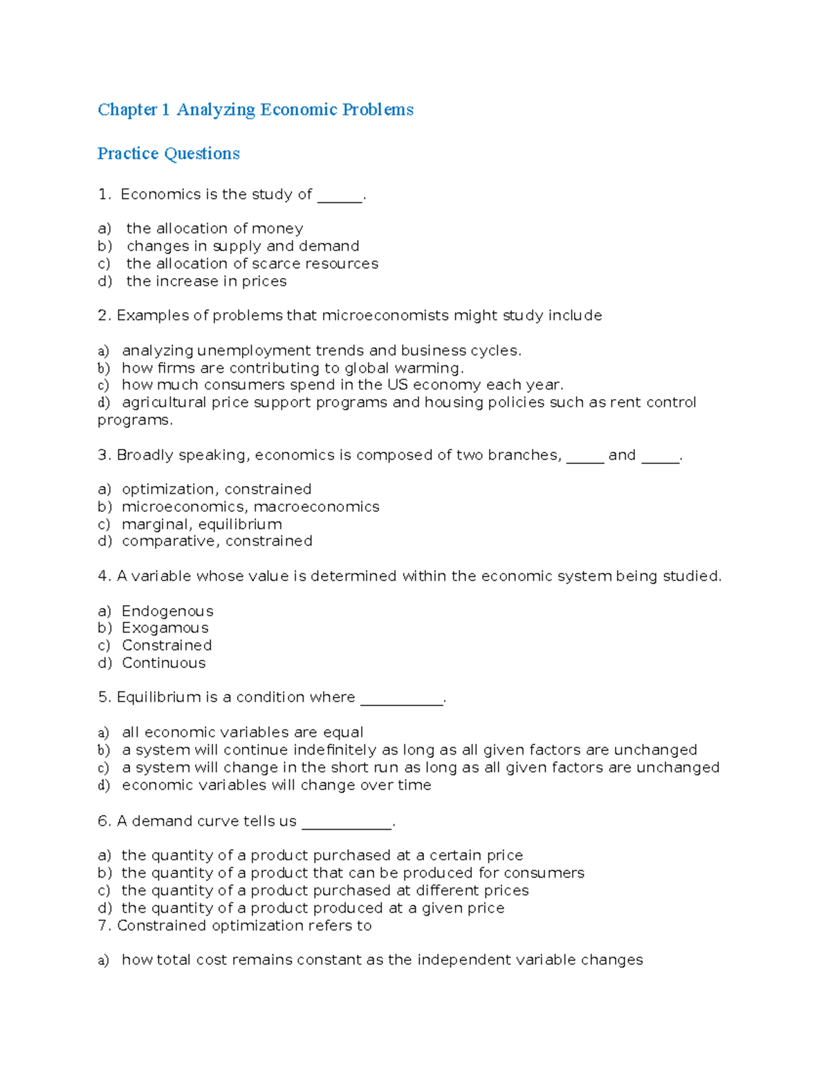 Chap 1 Practice Questions - Chapter 1 Analyzing Economic Problems ...