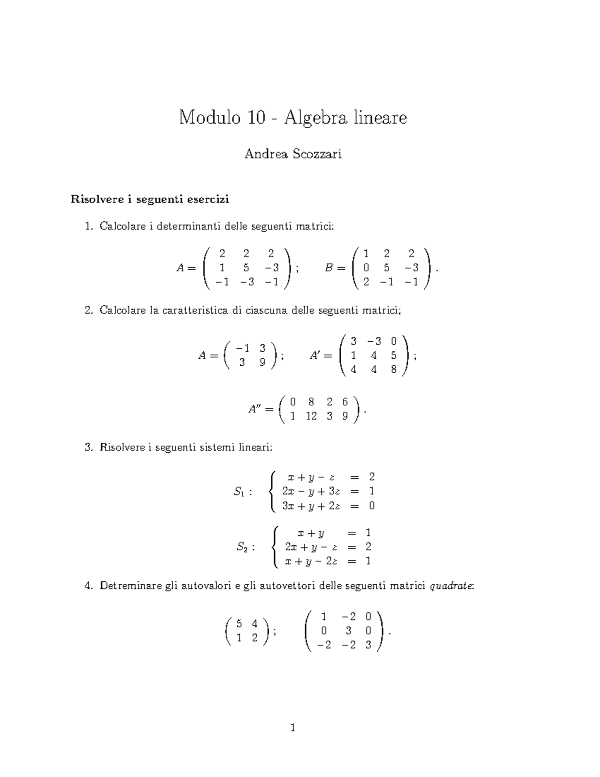 Lez11 Algebra Lineare Esercizi - Modulo 10 - Algebra lineare Andrea ...