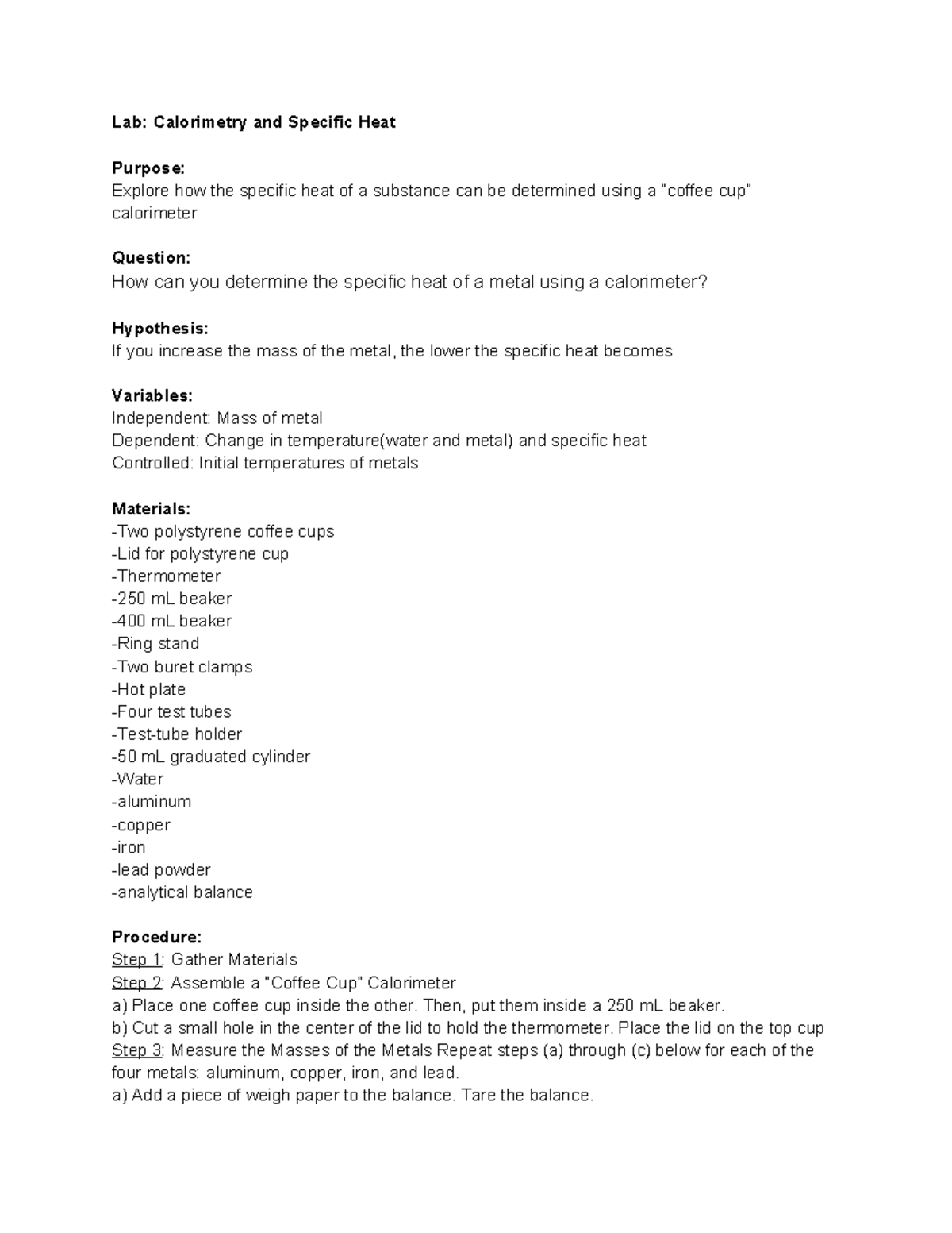 Lab Calorimetry and Specific Heat - Lab: Calorimetry and Specific Heat ...