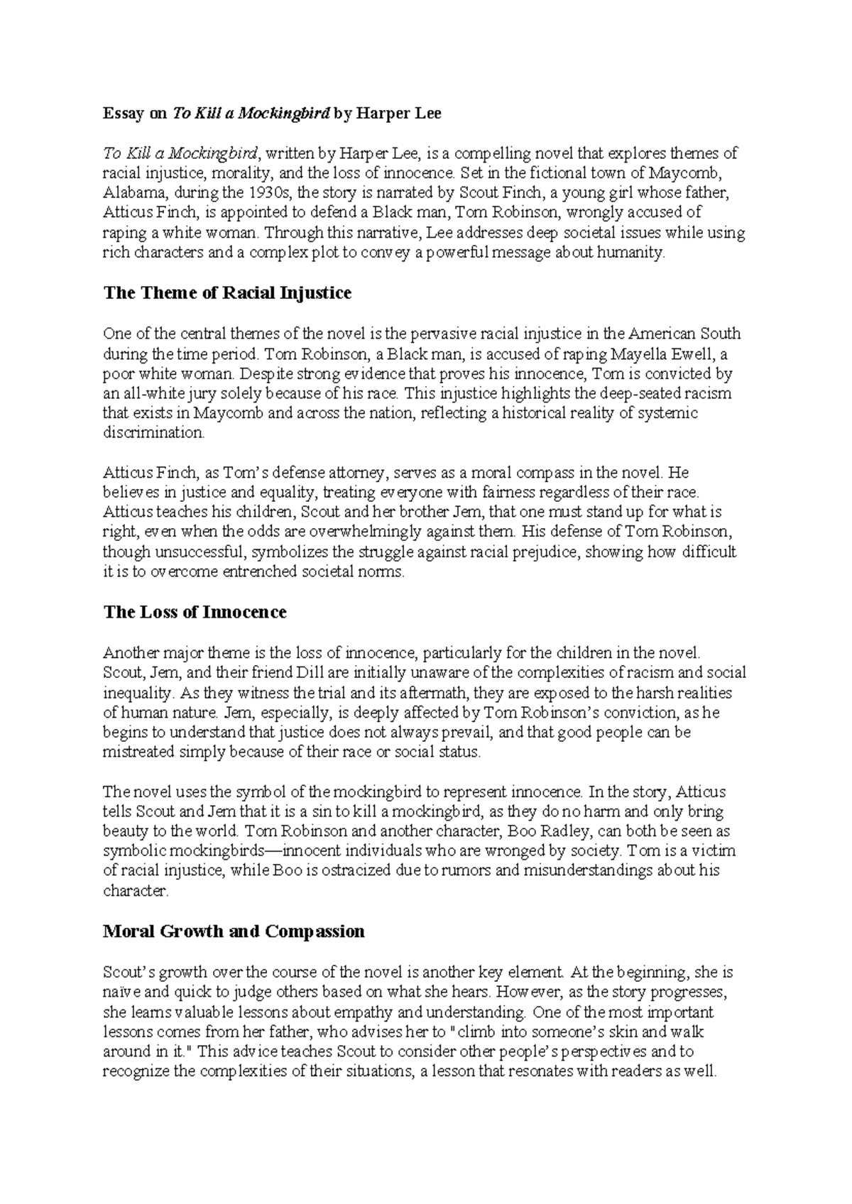 Essay on To Kill a Mockingbird by Harper Lee - Set in the fictional ...