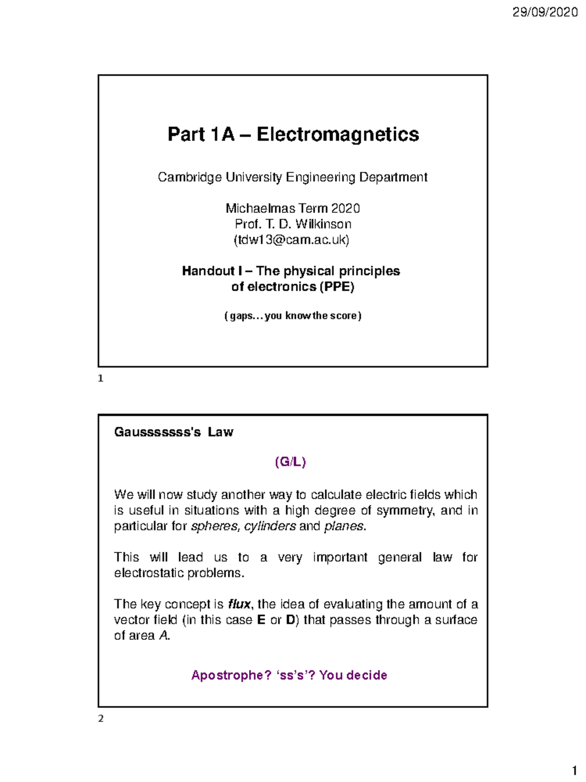 L04 The Law of Gauss - notes - Part 1A – Electromagnetics Cambridge ...