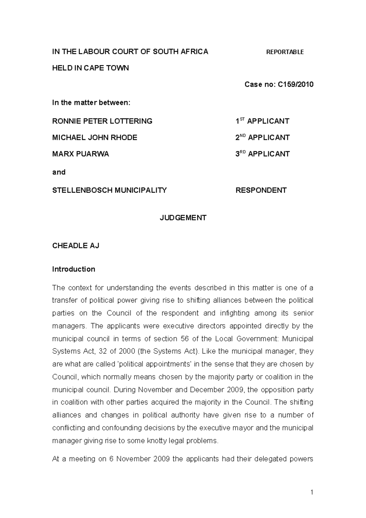 Lottering - Case summary - IN THE LABOUR COURT OF SOUTH AFRICA ...