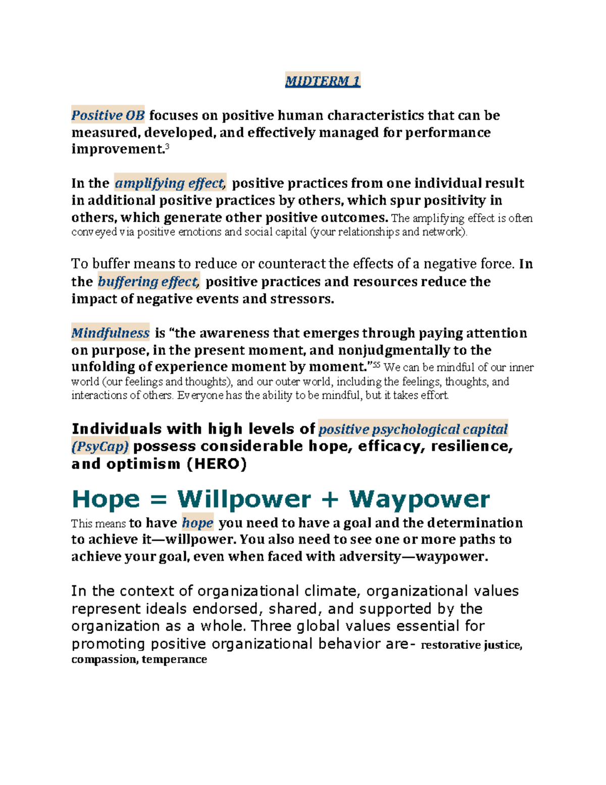 Midterm 1 and lecture notes together - MIDTERM 1 Positive OB focuses on ...