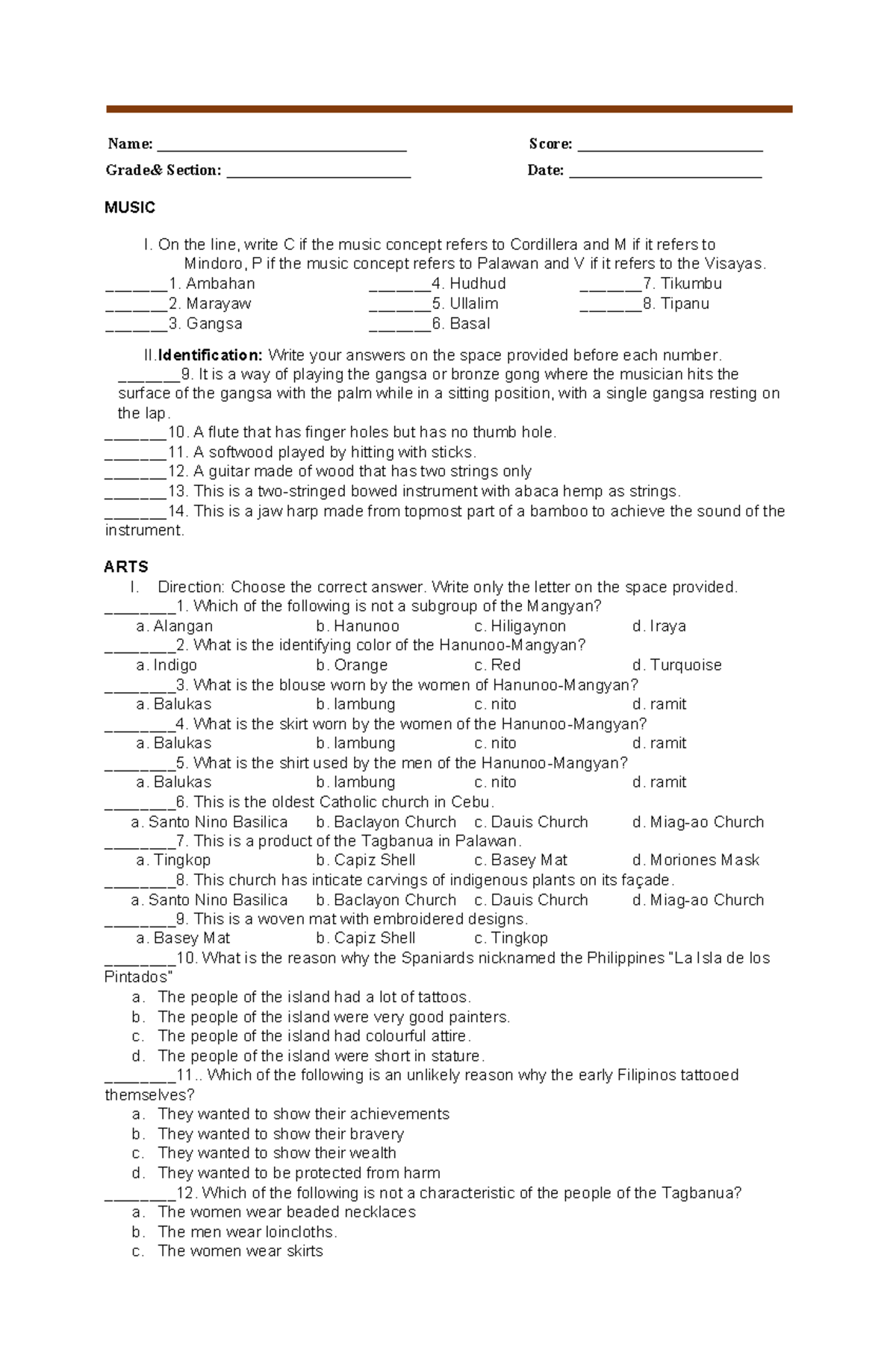Example OF Improved EXAM - Grade& Section: _______________________ Date ...