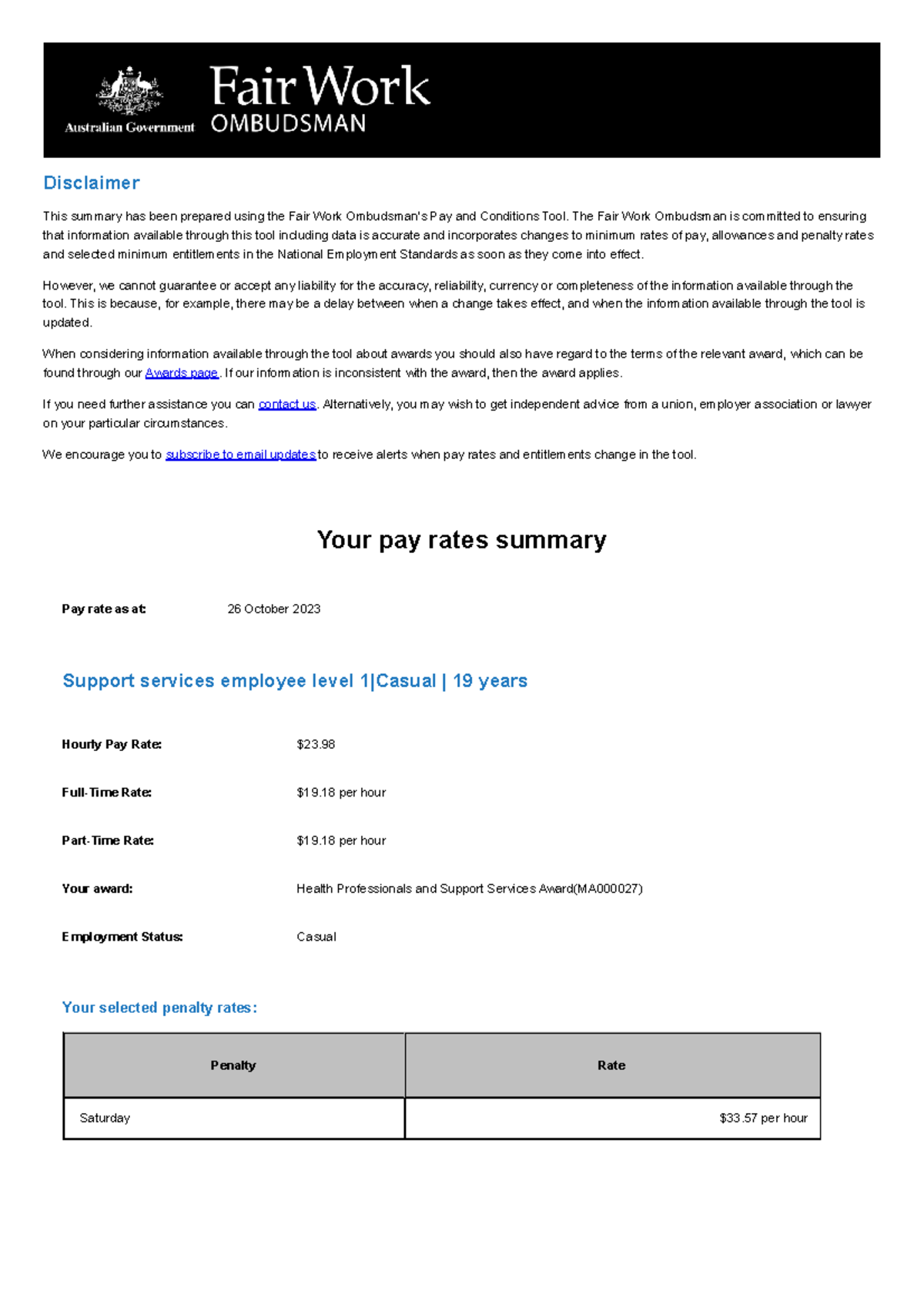 Your pay rates summary - notes - Disclaimer This summary has been ...