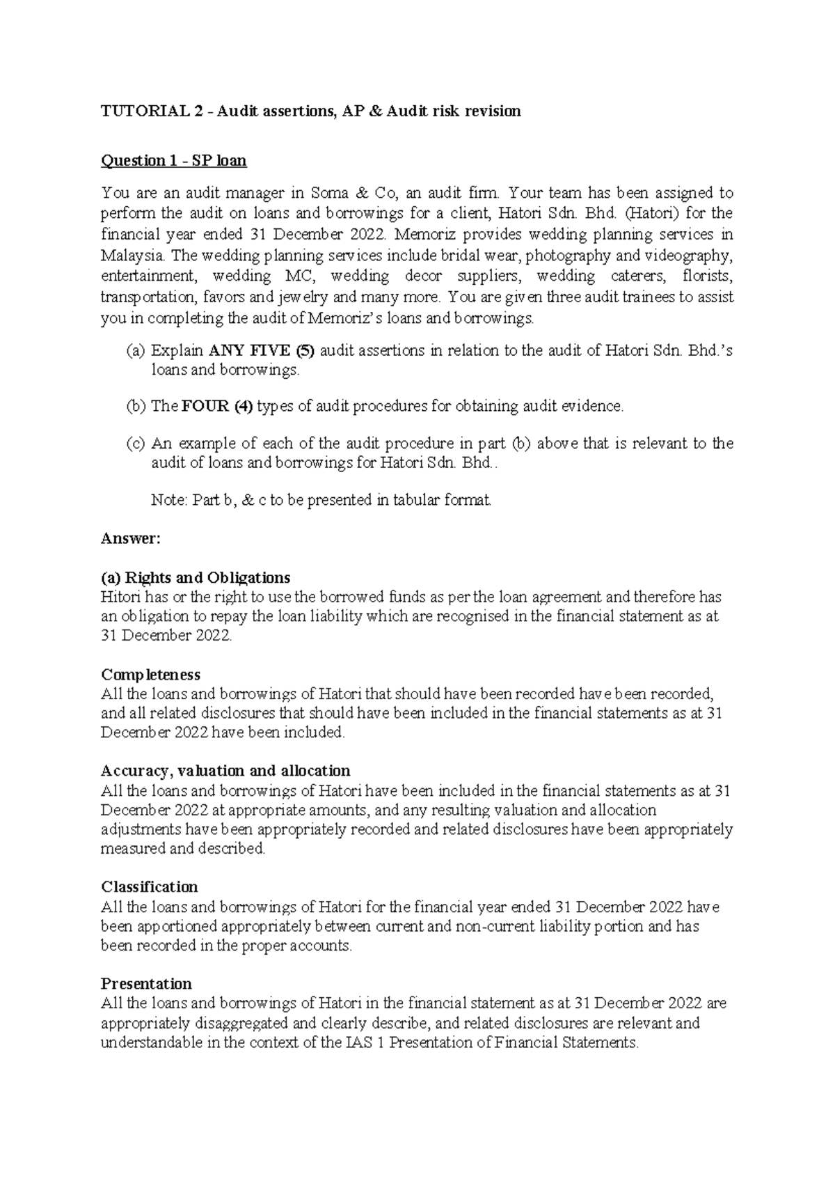 AA Tutorial 2 - TUTORIAL 2 - Audit assertions, AP & Audit risk revision Question 1 - SP loan You ...