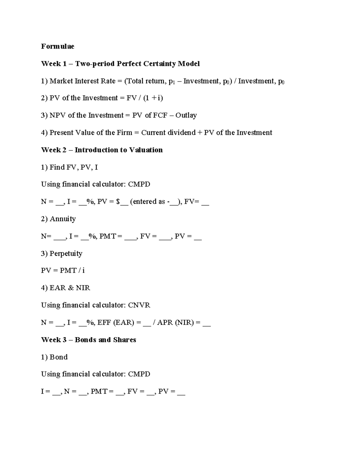FIN2001 4 Practice Exam N Formulae - Formulae Week 1 – Two-period ...