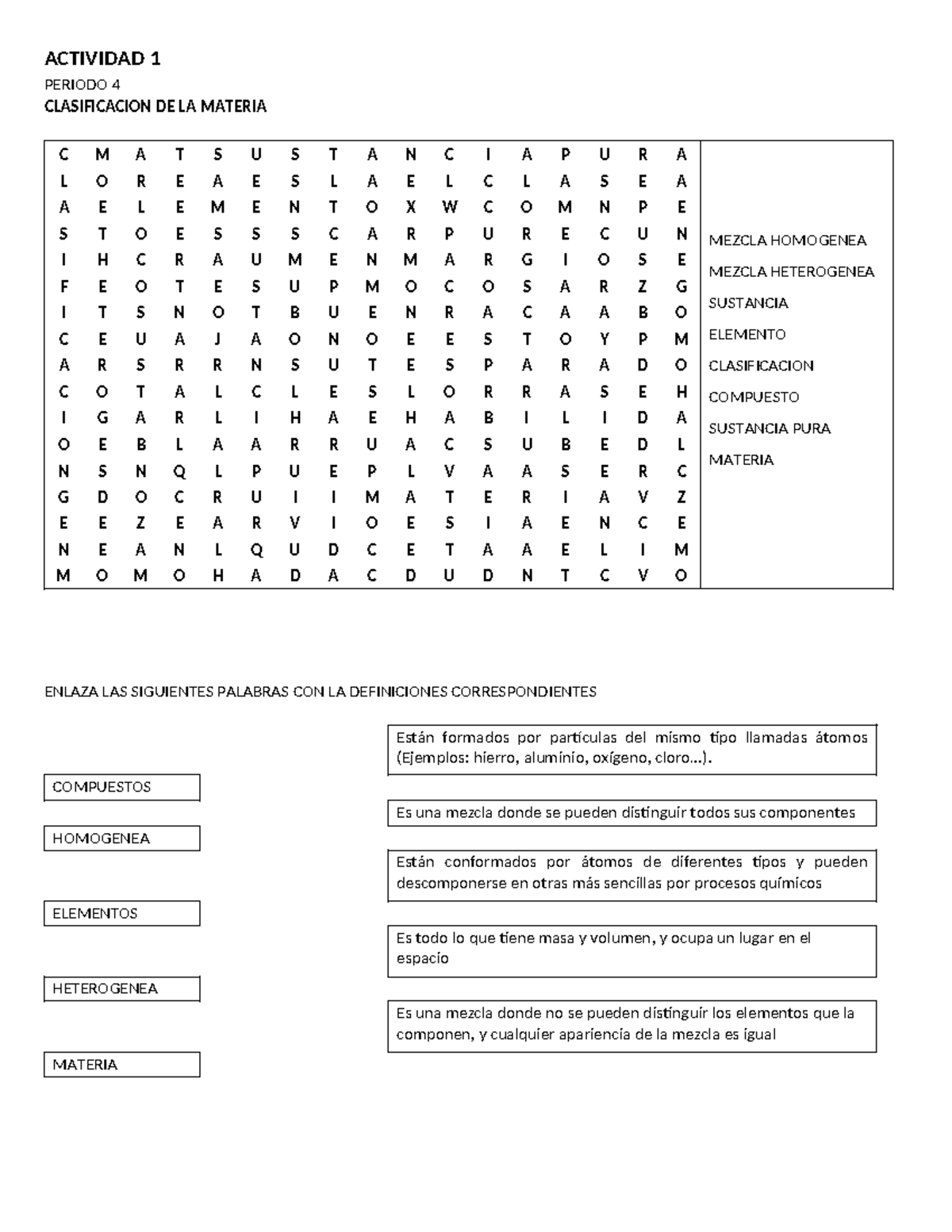 Actividad 1 Clasificacion DE LA Materia - ACTIVIDAD 1 PERIODO 4 ...