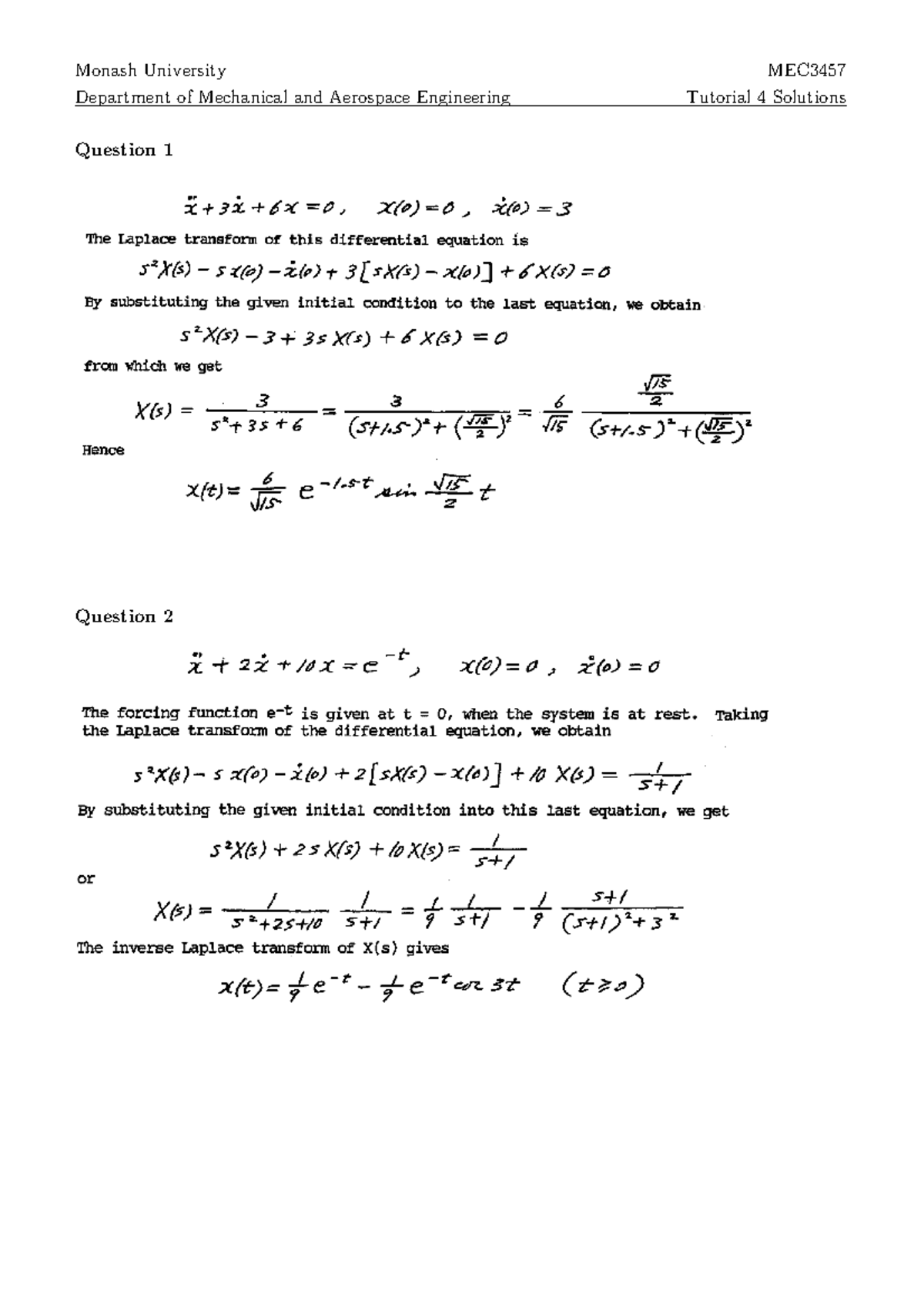Tutorial 4 Solutions - Monash University MEC Department of Mechanical and Aerospace Engineering ...