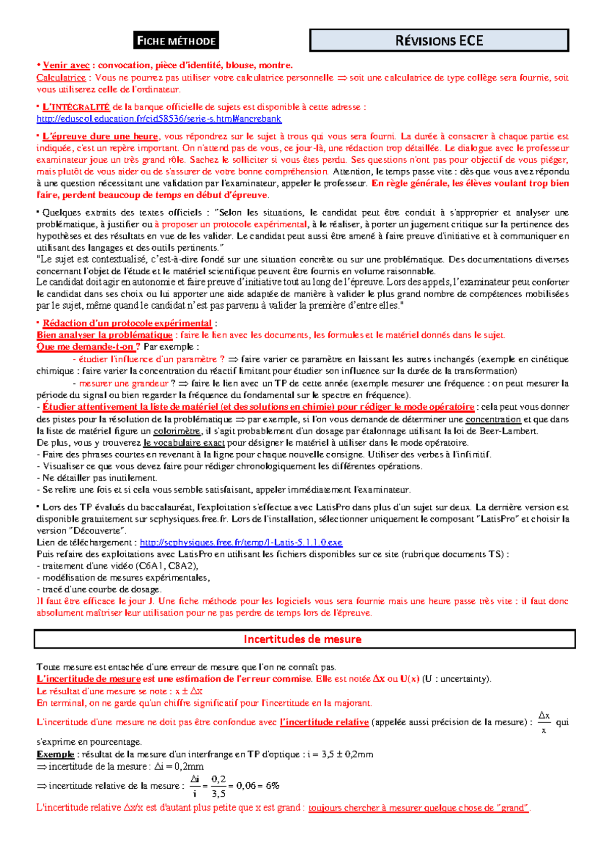 ECE - FICHE MÉTHODE RÉVISIONS ECE Venir avec : convocation, pièce d ...
