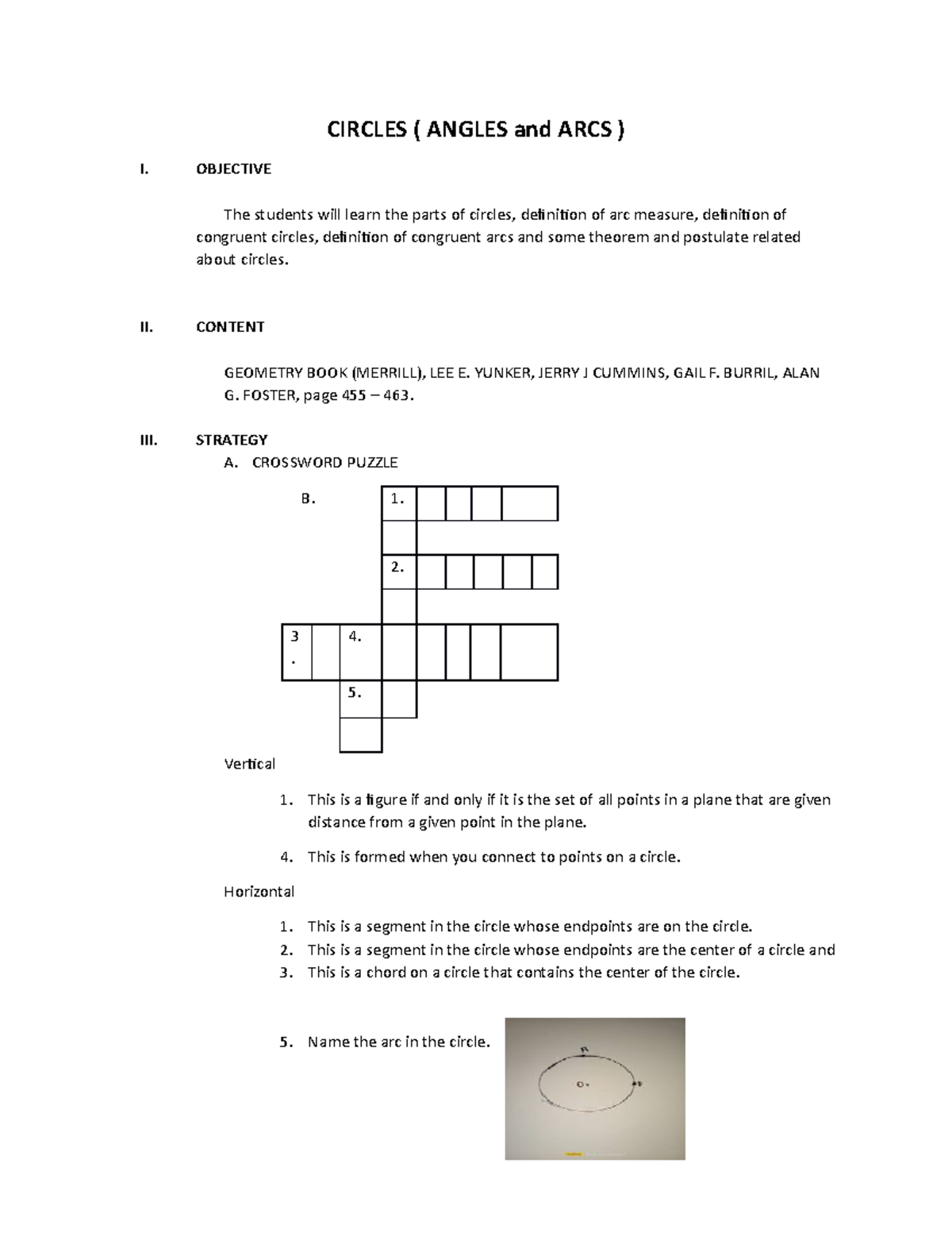 LP - REFERENCE - CIRCLES ( ANGLES and ARCS ) I. OBJECTIVE The students ...