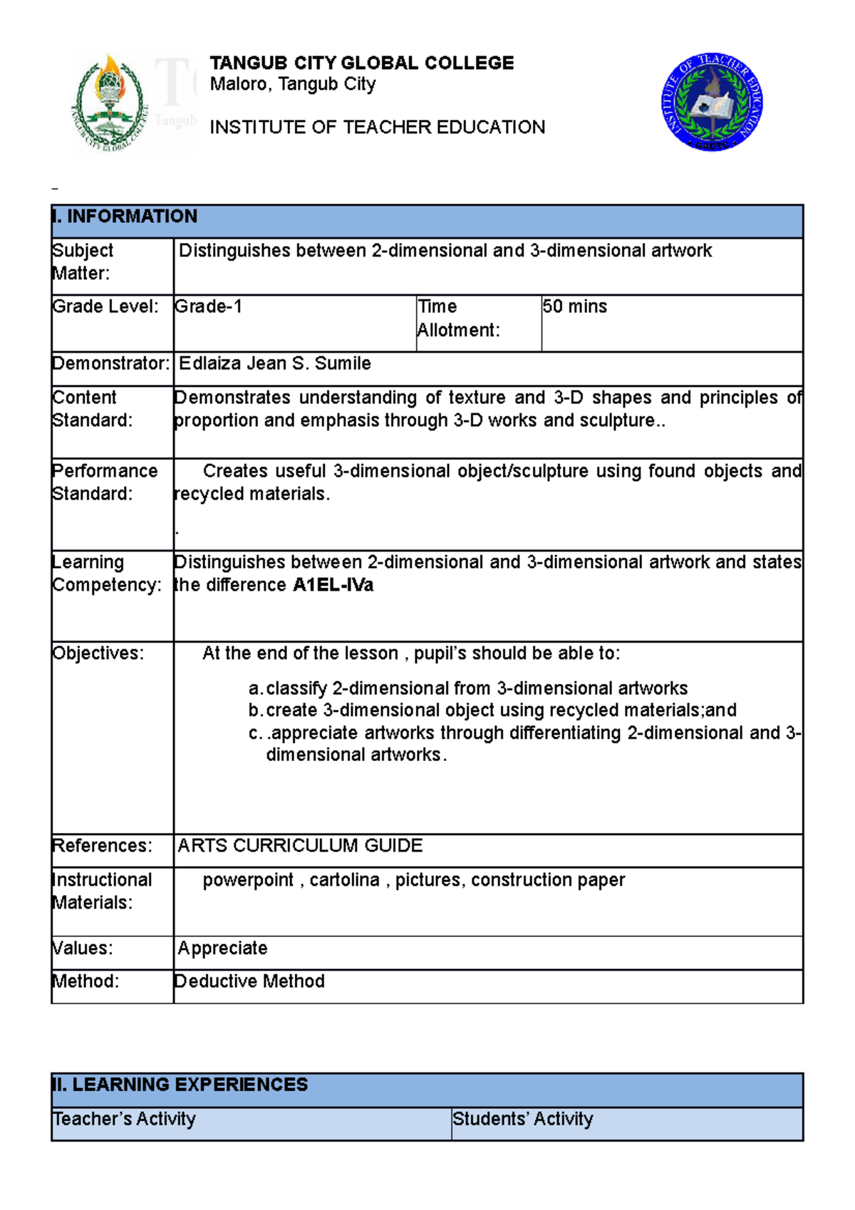 Arts Lp Final - Detailed LEsson Plan - TANGUB CITY GLOBAL COLLEGE ...