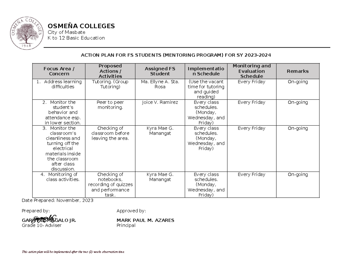 Action-PLAN-FOR-FS- Students- 23-24 - OSMEÑA COLLEGES City of Masbate K ...