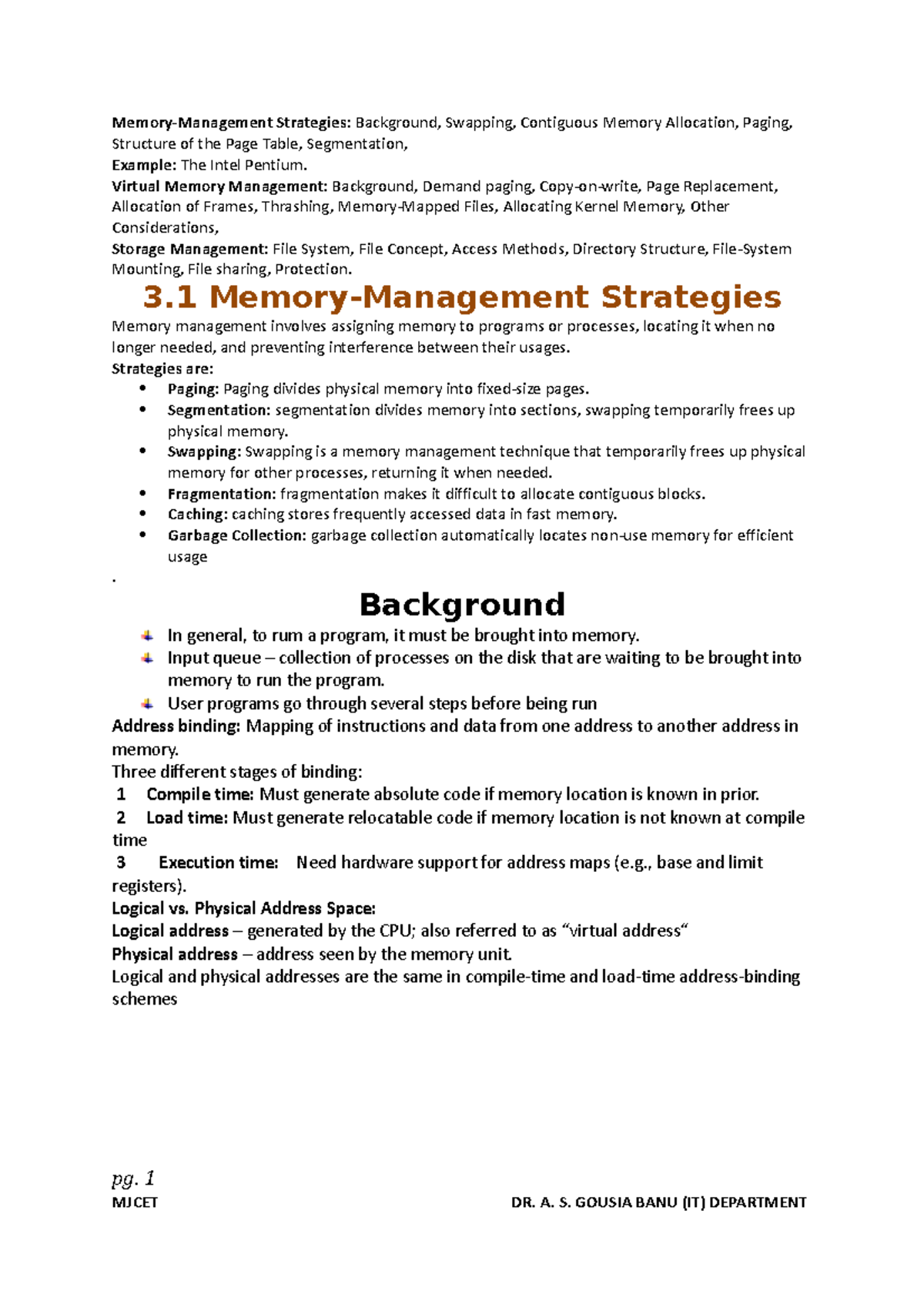 Operating System Unit 3 Ou Memory Management Strategies Background Swapping Contiguous