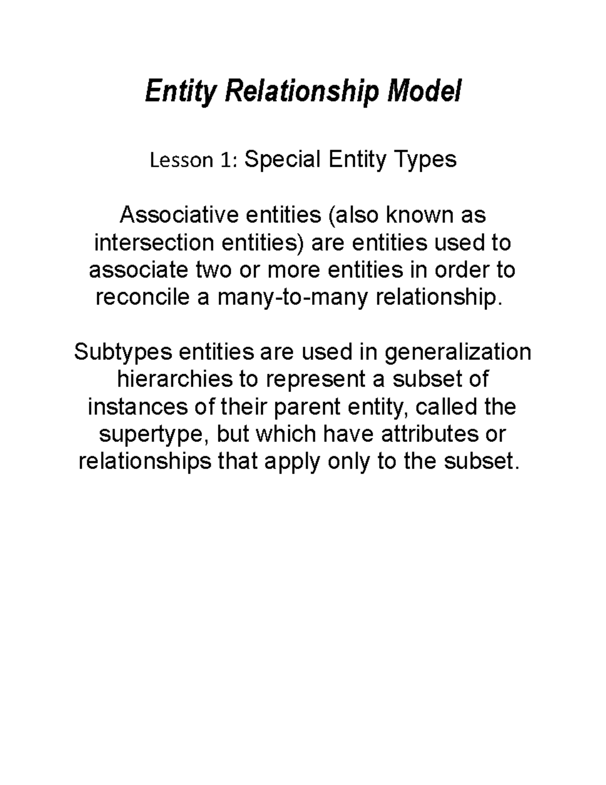 Entity Relationship Model Entity Relationship Model Lesson 1 Special Entity Types Associative