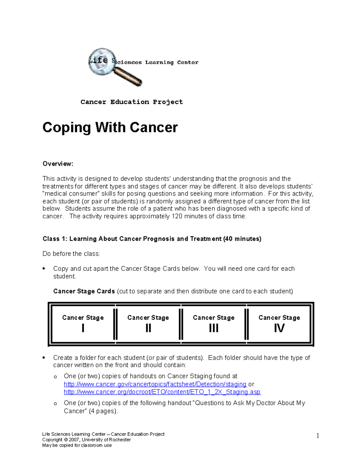 Coping with Cancer - Coping With Cancer Overview: This activity is ...