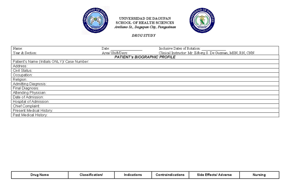 DRUG- Study-Template - DRUG- Study-Template - UNIVERSIDAD DE DAGUPAN ...
